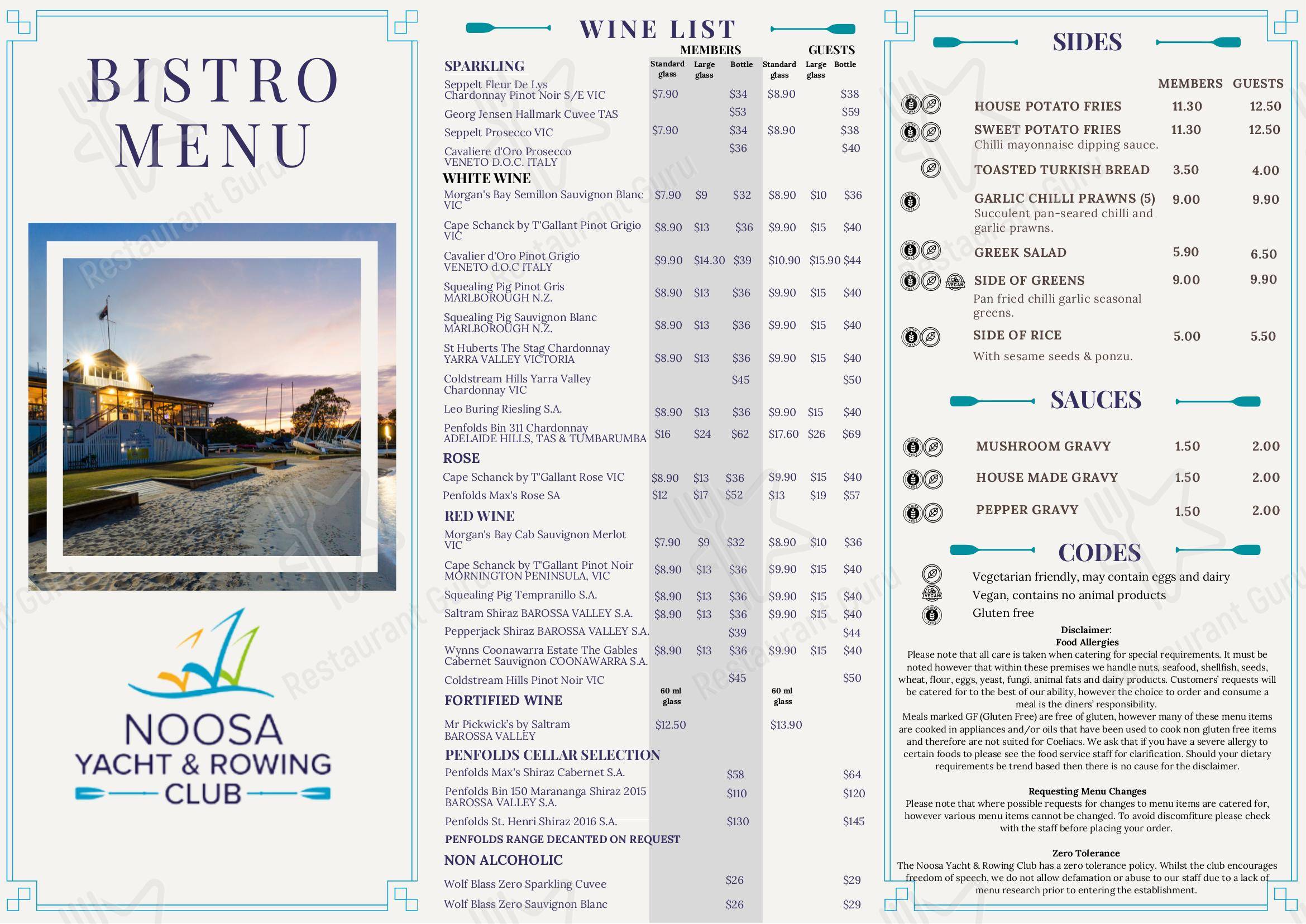 Menu at Noosa Yacht and Rowing Club, Noosaville