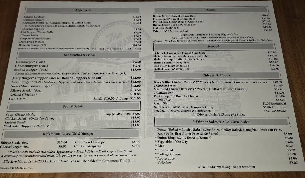 Menu at Normandy Inn pub & bar, Minerva
