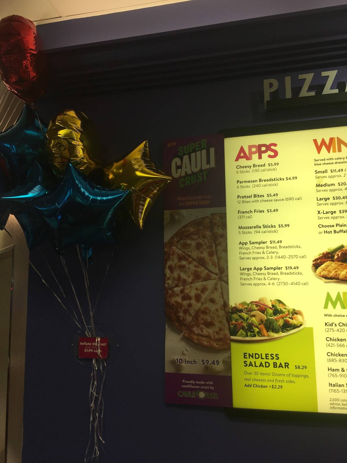 Menu at Chuck E. Cheese pizzeria, North Charleston