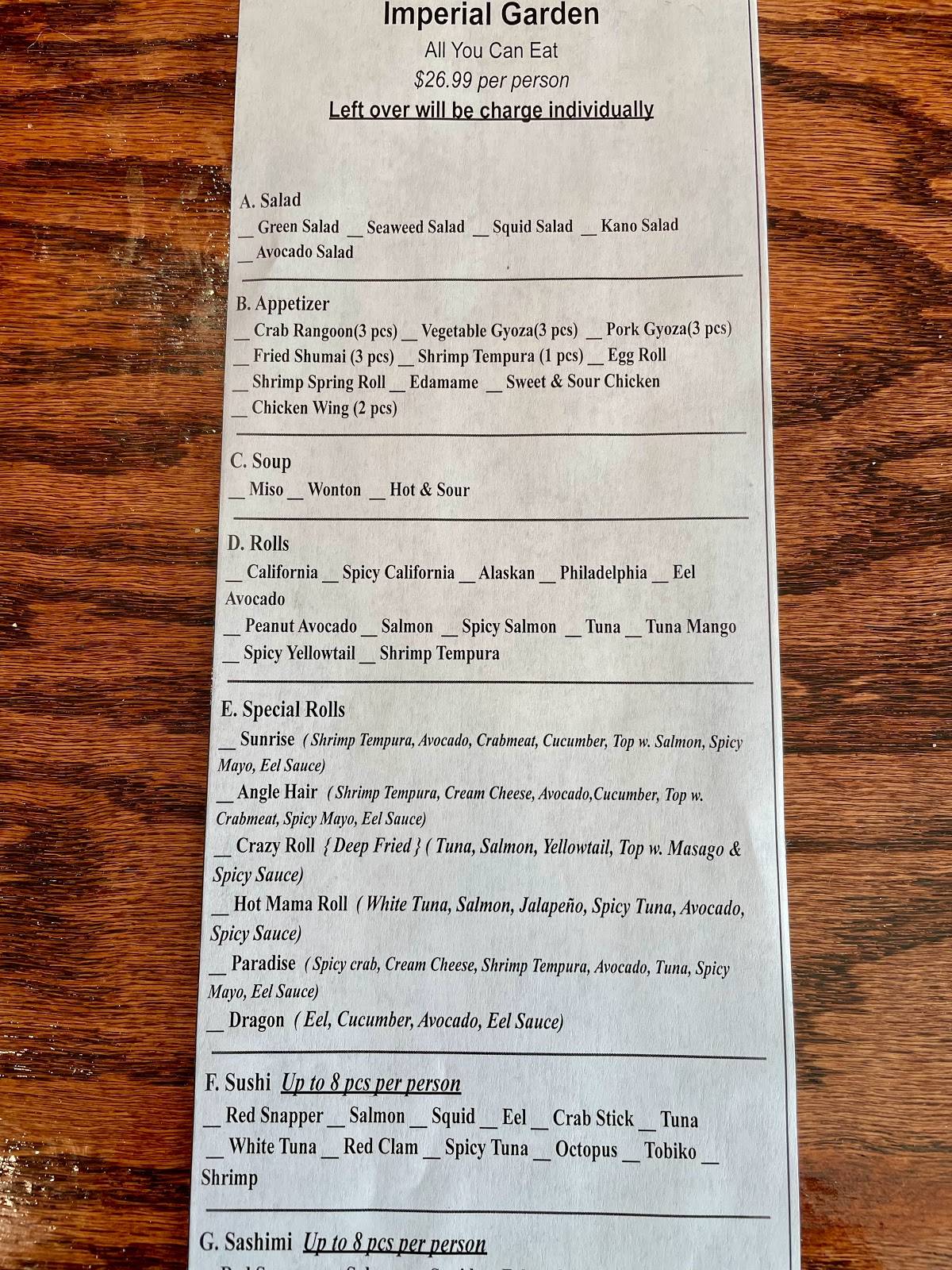 Menu at Imperial Garden restaurant, North Olmsted