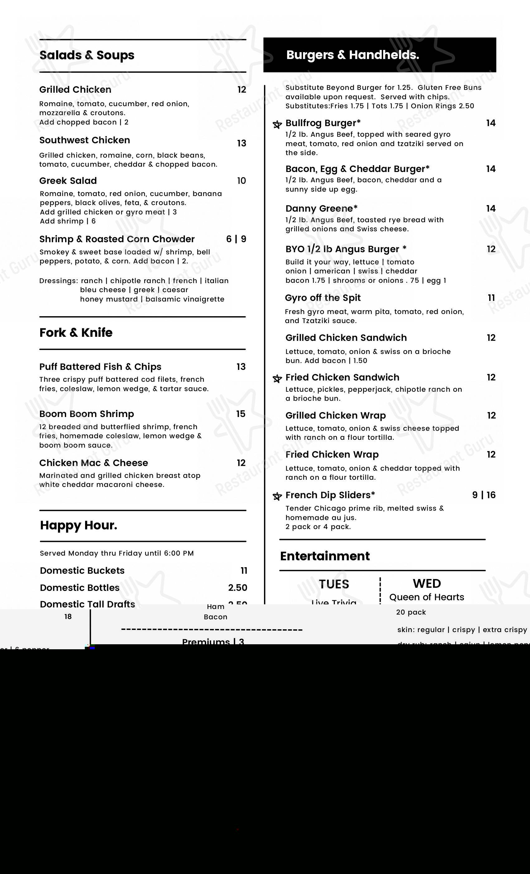 Menu at Bullfrog's Sports Café pub & bar, North Ridgeville
