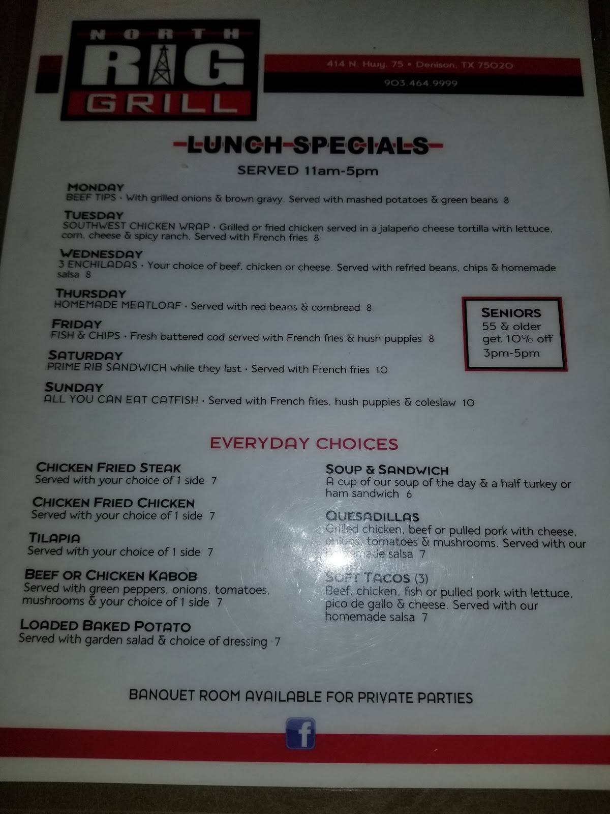 Menu at North Rig Grill pub & bar, Denison