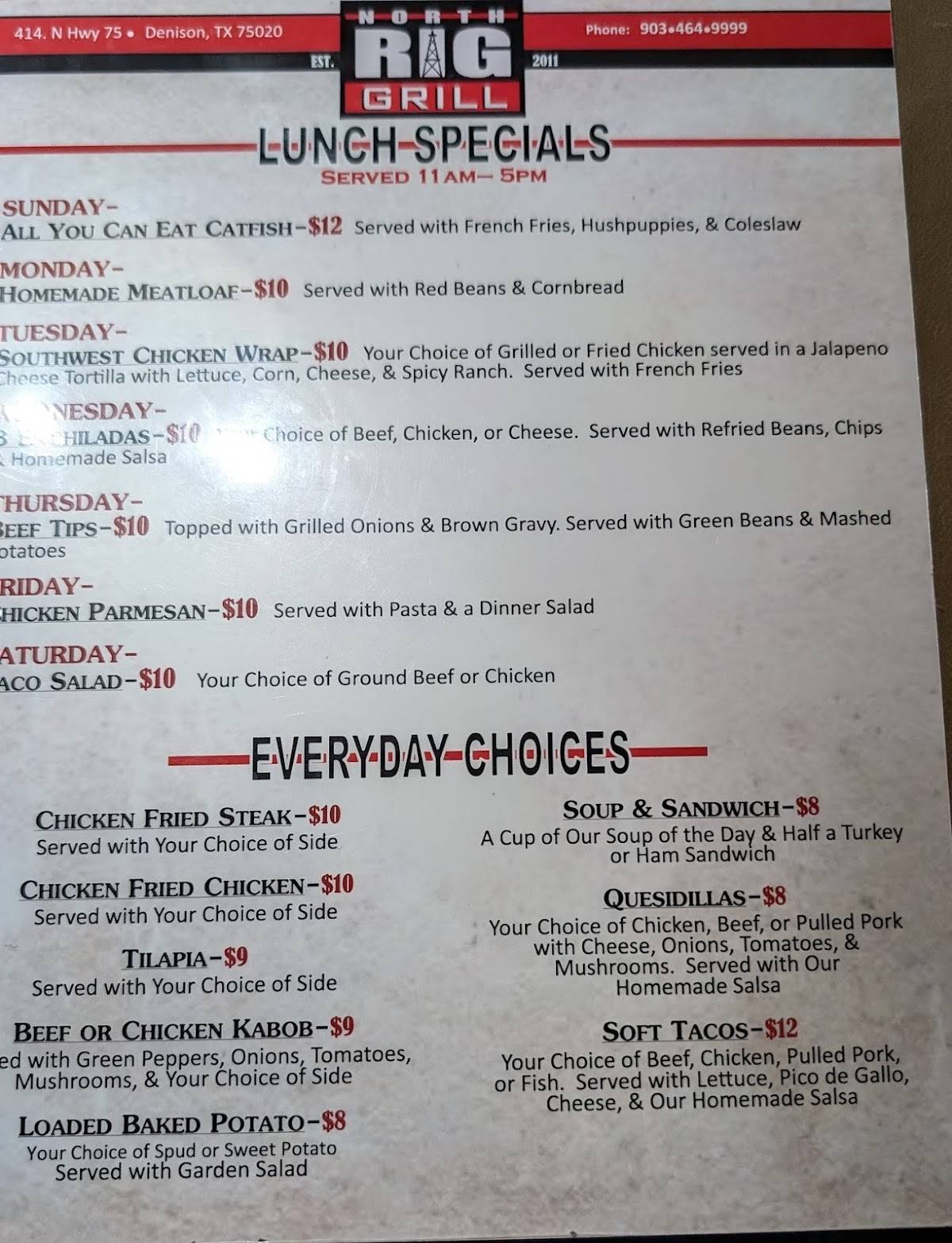 Menu at North Rig Grill pub & bar, Denison