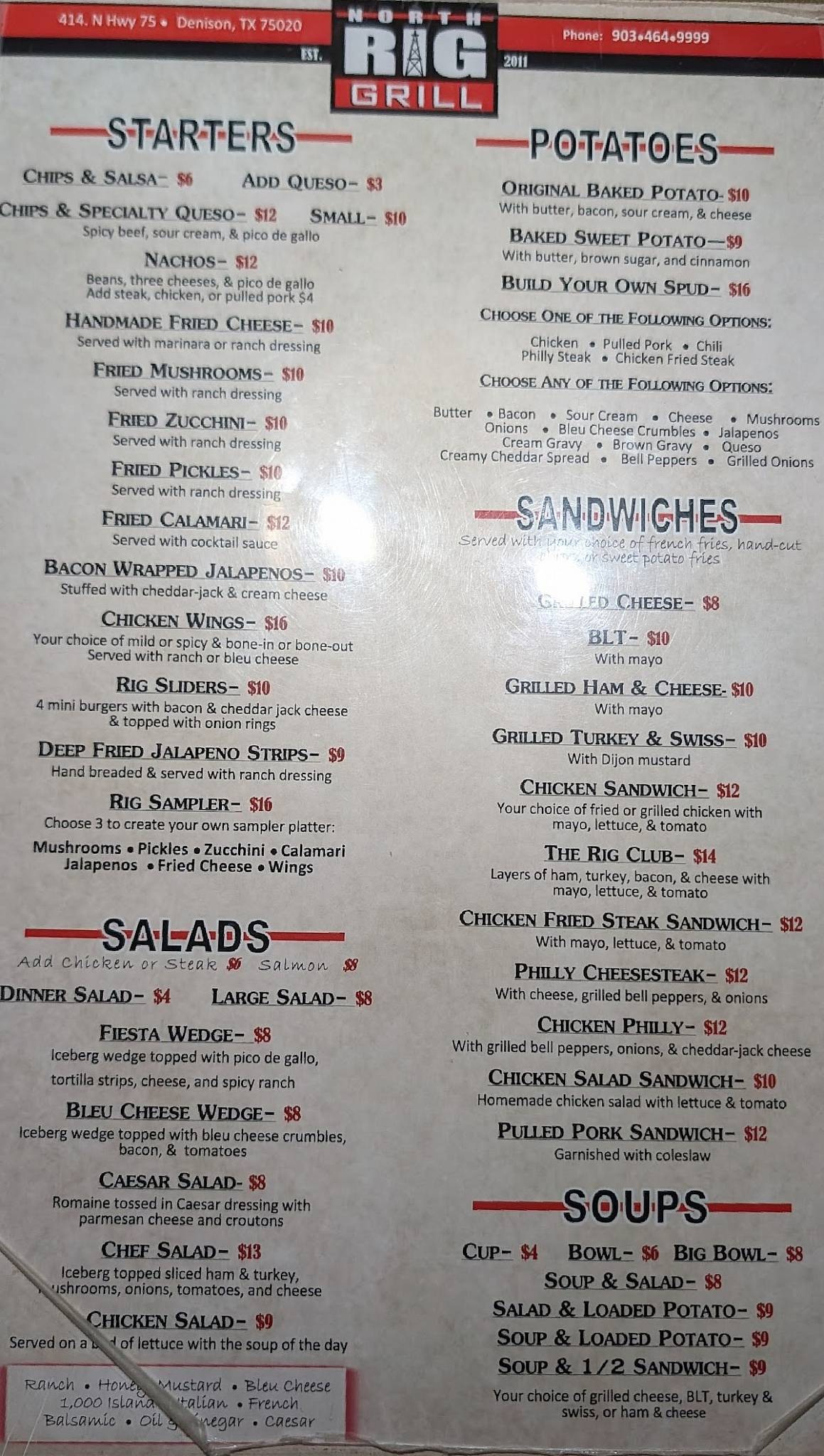 Menu at North Rig Grill pub & bar, Denison