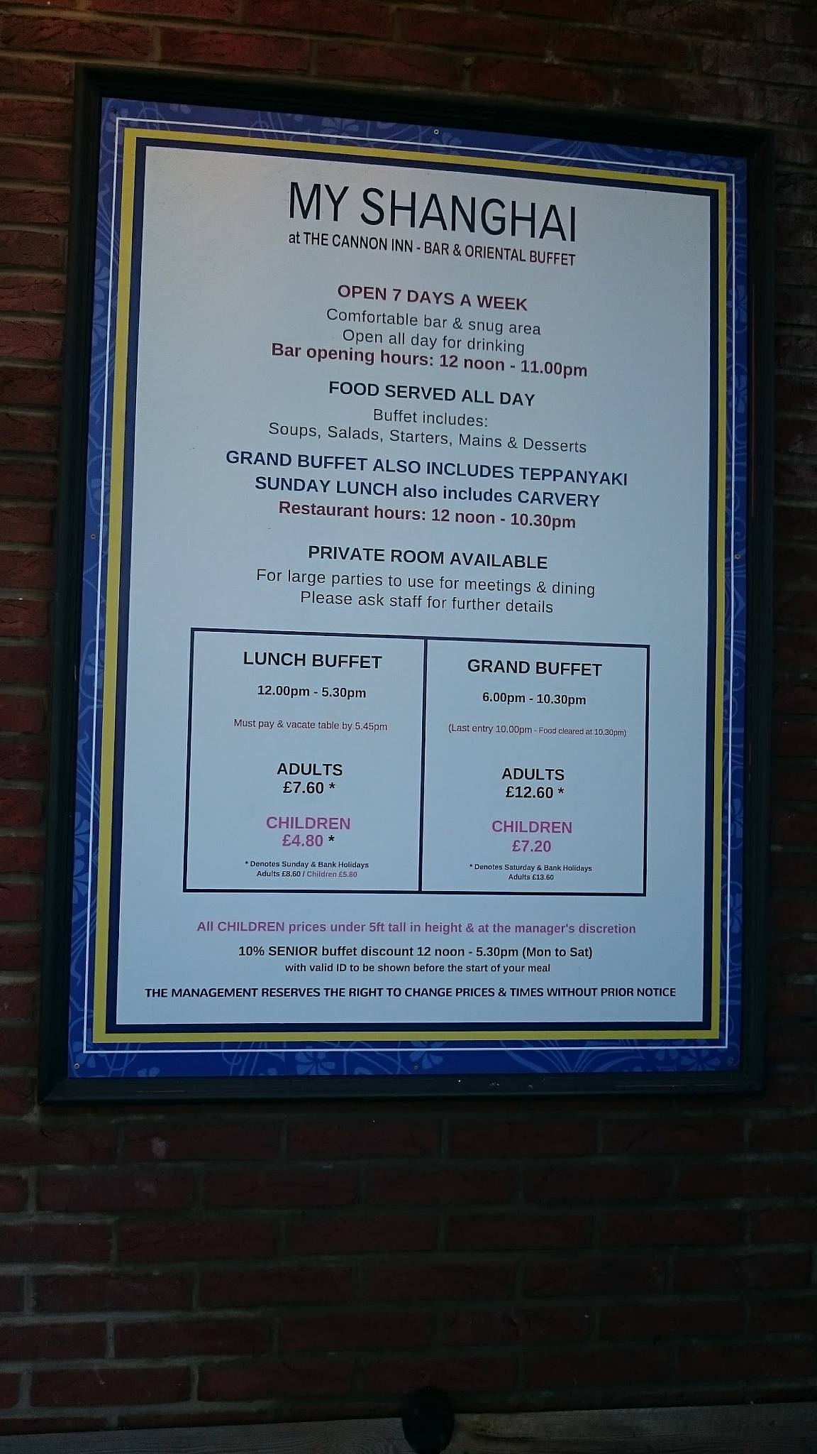 Menu at My Shanghai Bar & Oriental Buffet, North Shields, The Cannon Inn