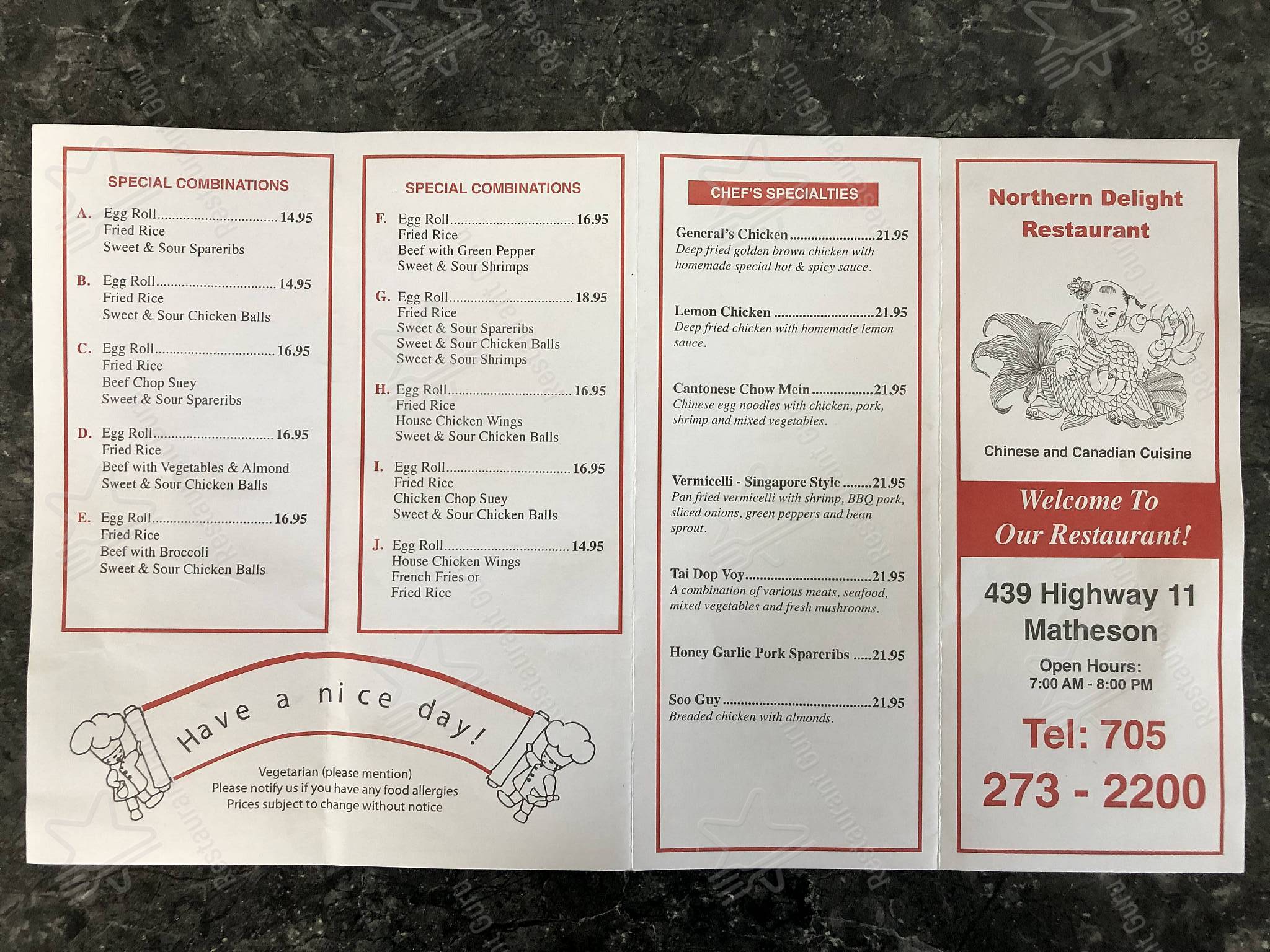 Menu at Northern Delight Restaurant, Matheson, 439 ON-11