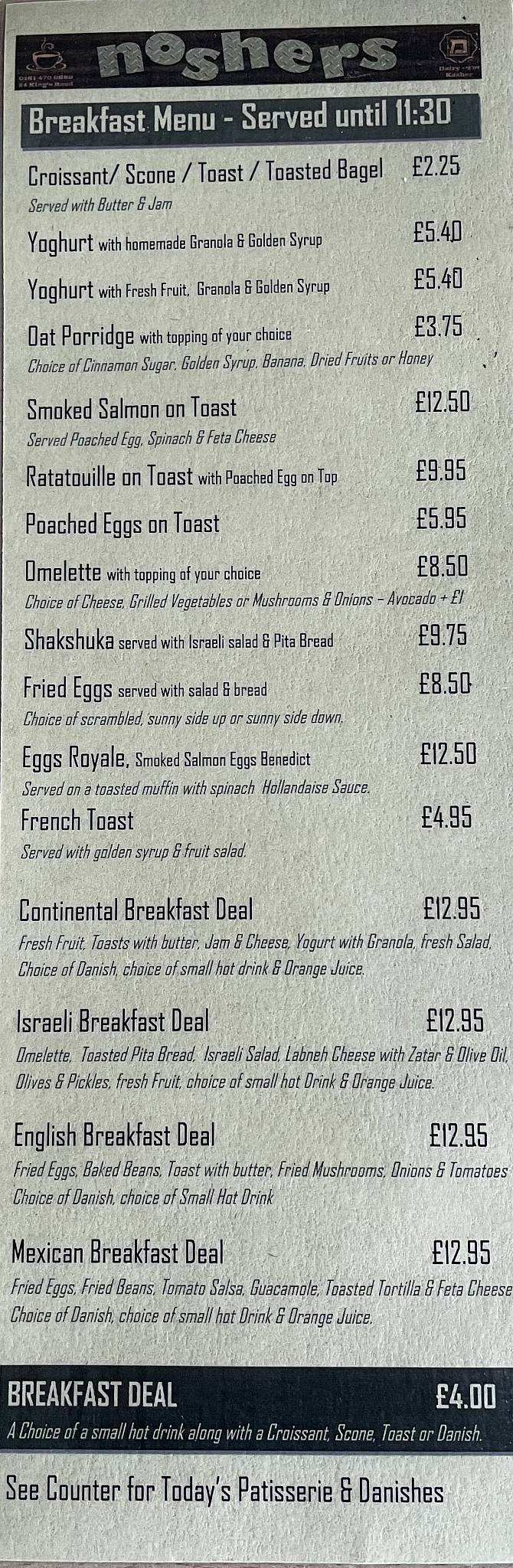 Menu at Noshers by Sassons cafe, Manchester