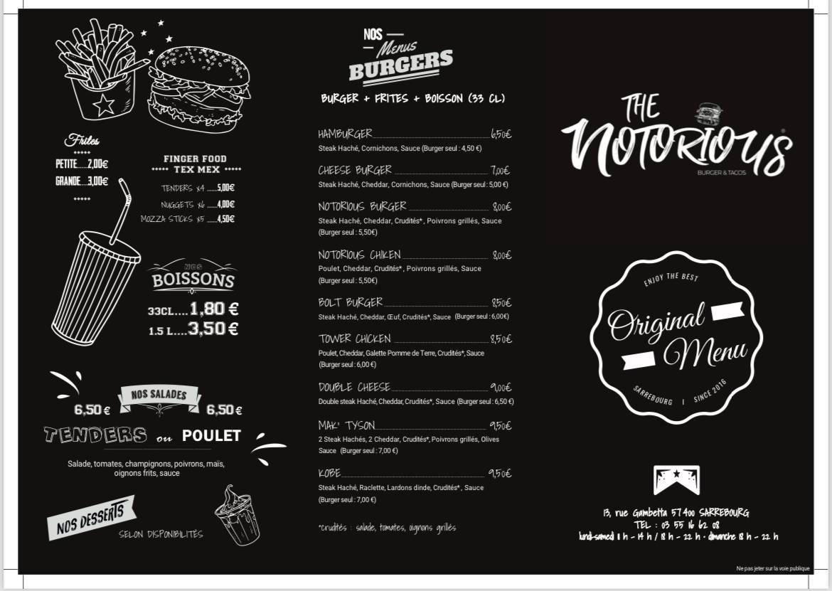 Menu au Notorious Food restaurant, Sarrebourg