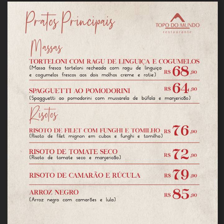Menu em Restaurante Topo do Mundo, Nova Lima, R. Sen. Milton Campos