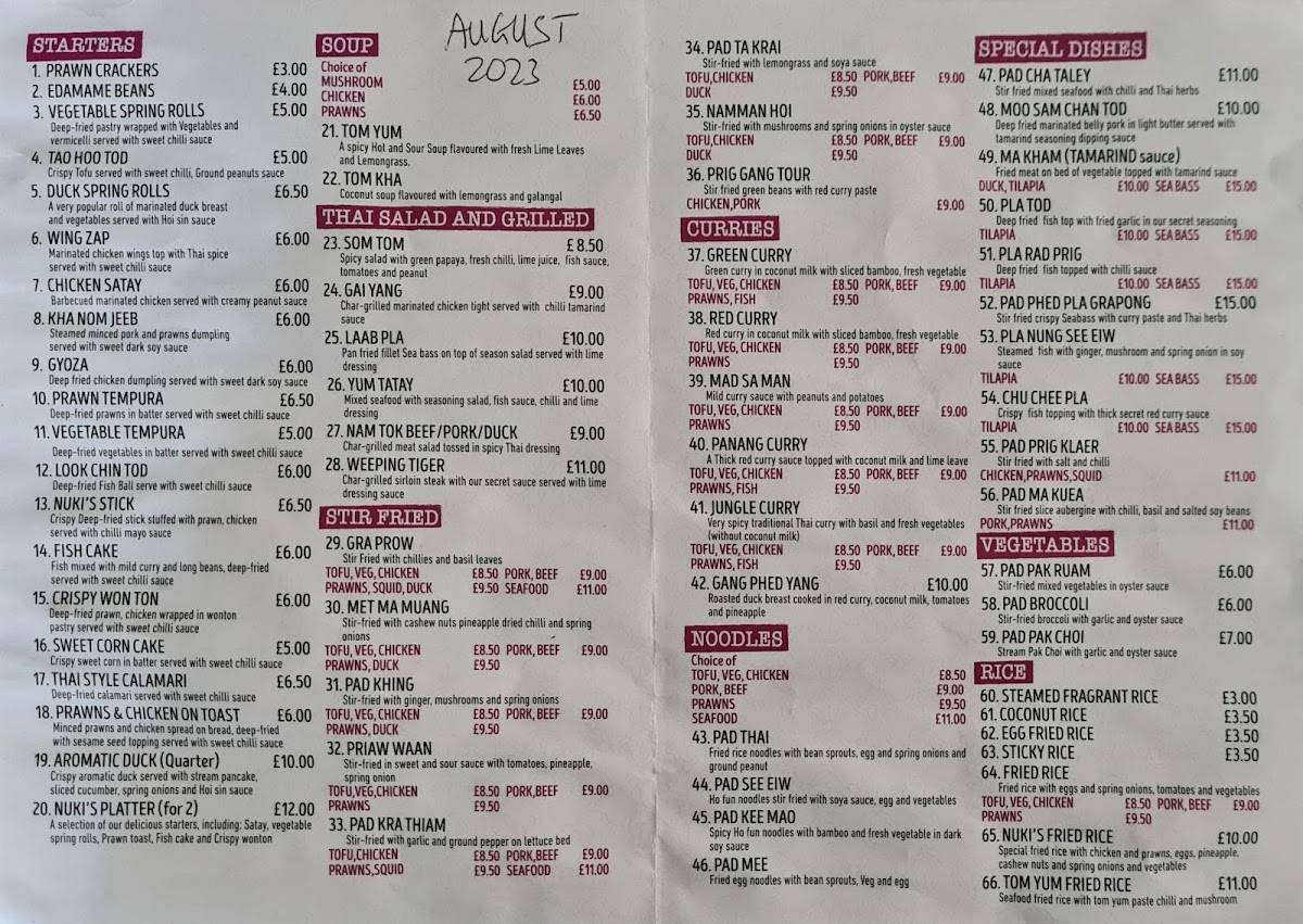 Menu at Nuki's Kitchen restaurant, London