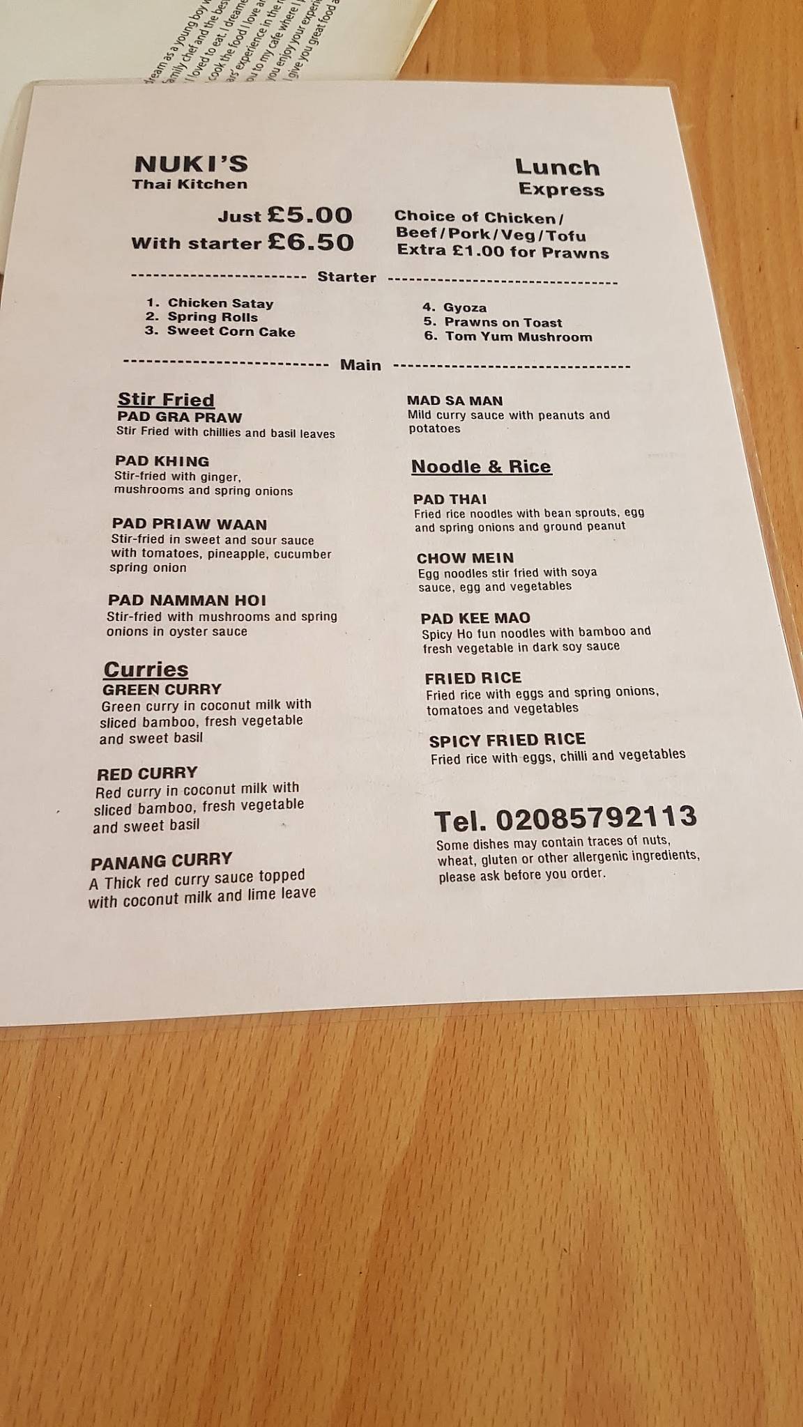 Menu at Nuki's Kitchen restaurant, London