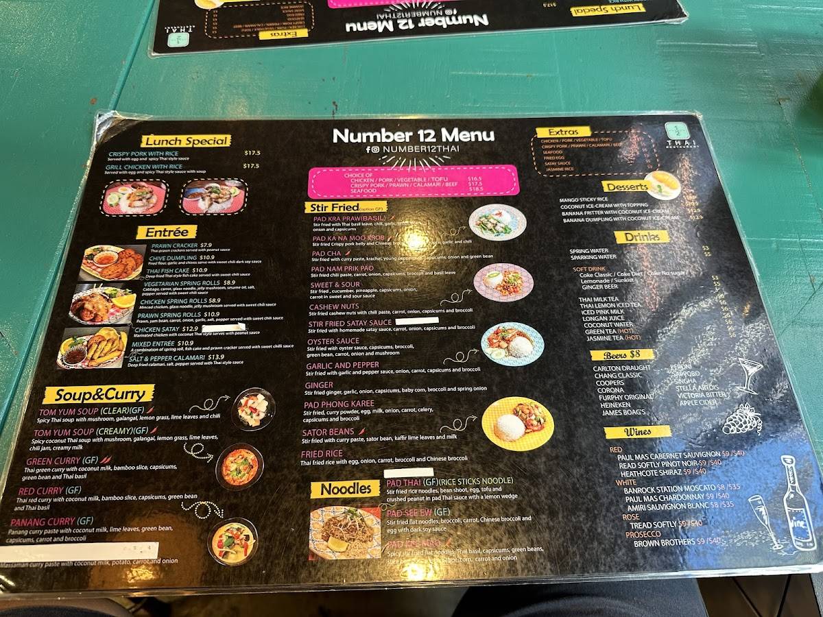 Menu at Number 12 Thai Restaurant, Melbourne