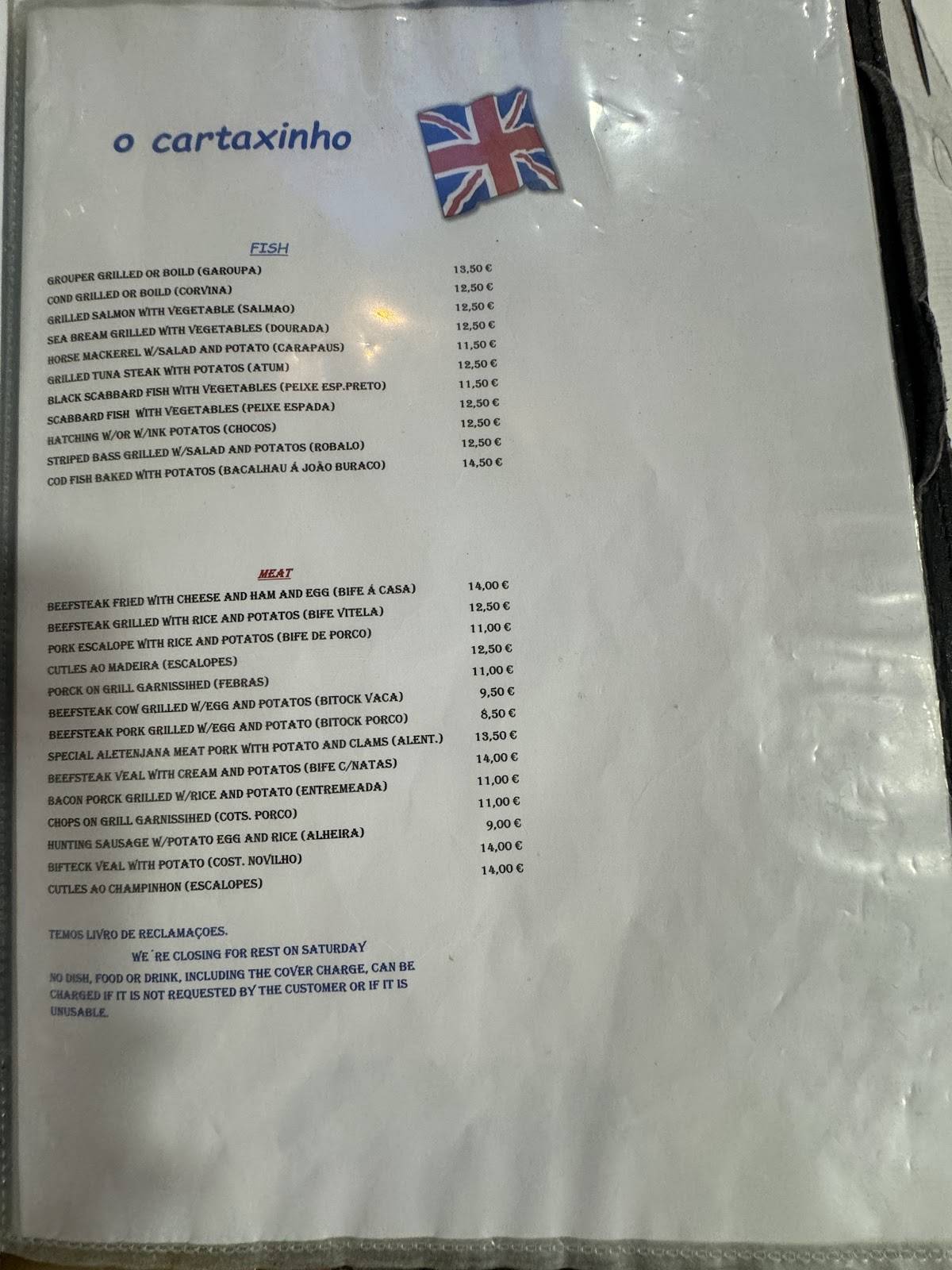 Menu at O Cartaxinho restaurant, Lisbon