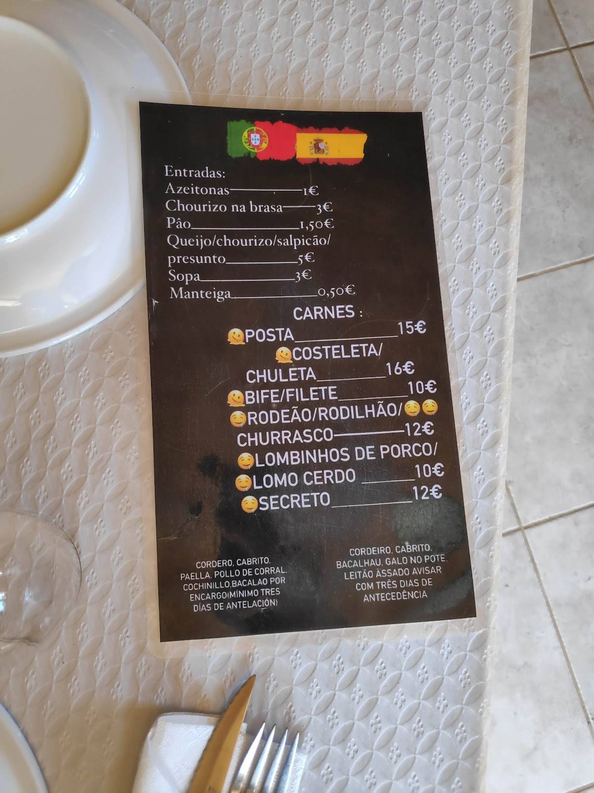 Carta del restaurante O Trilho del Onor, Portugal