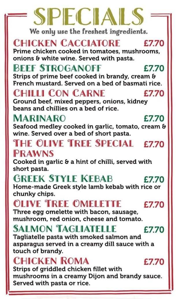 Menu at The Olive Tree Cafe, Tarleton