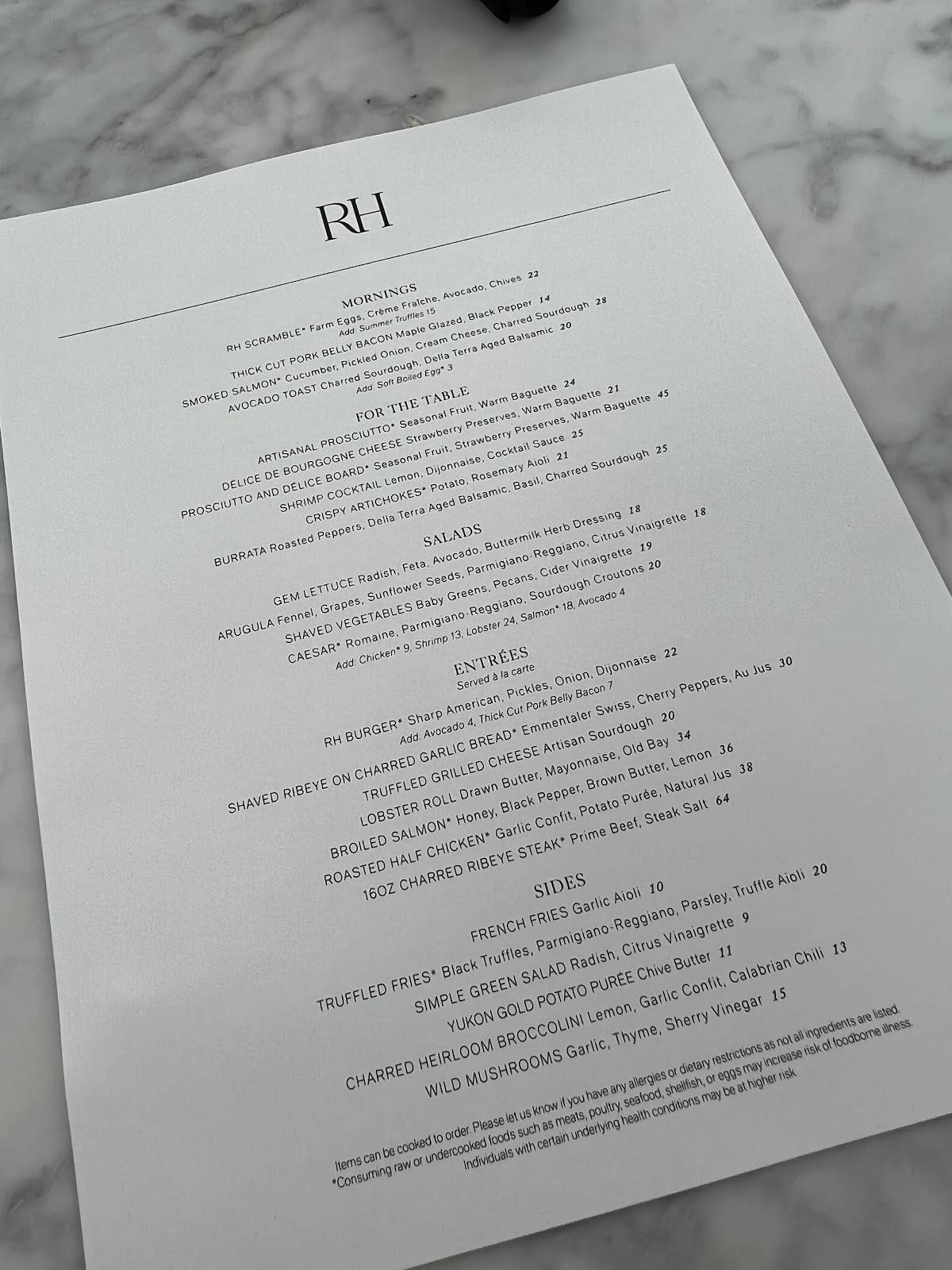 Menu at RH Rooftop Restaurant Oak Brook, Oak Brook
