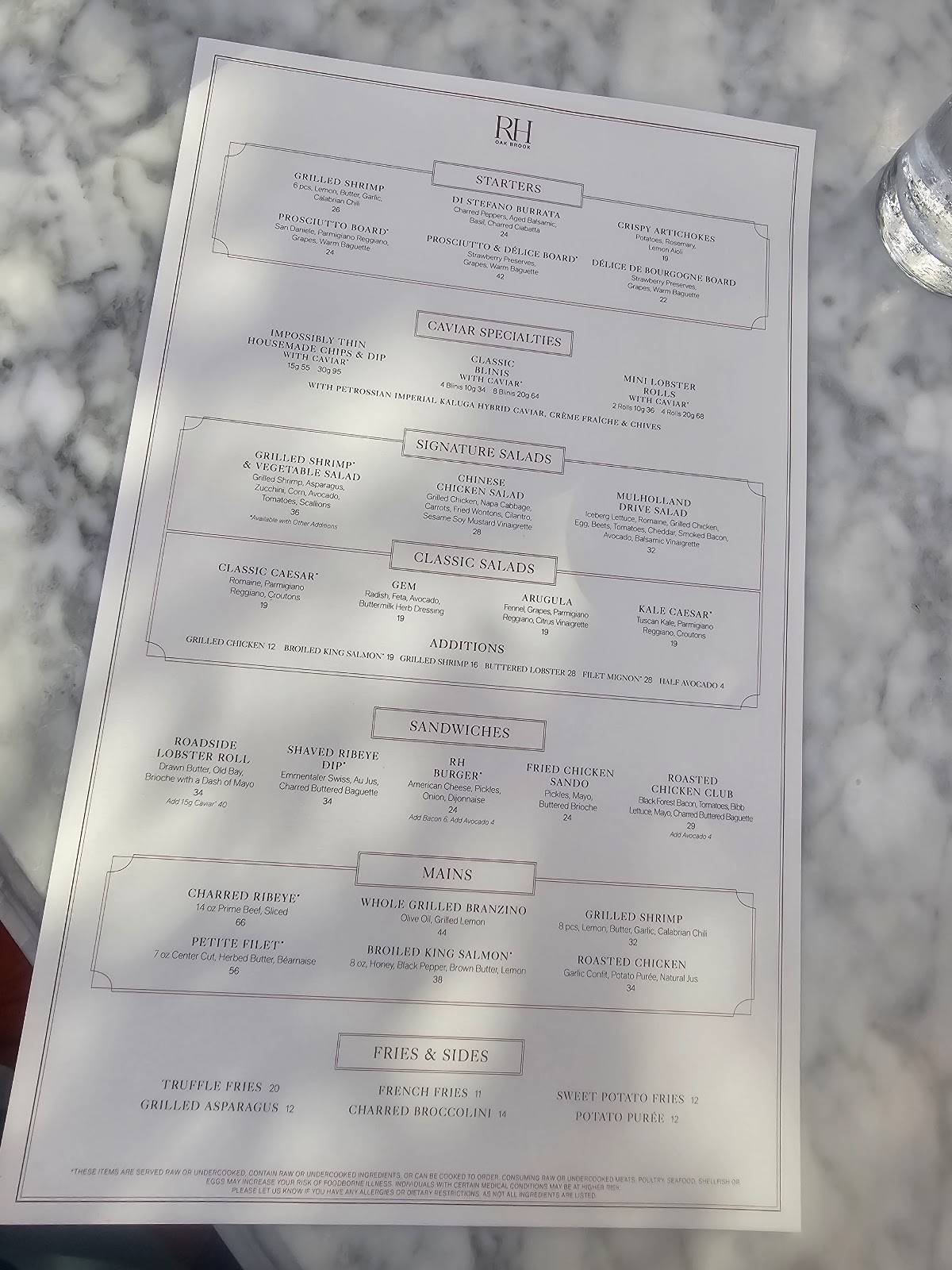 Menu at RH Rooftop Restaurant at RH Oak Brook, Oak Brook