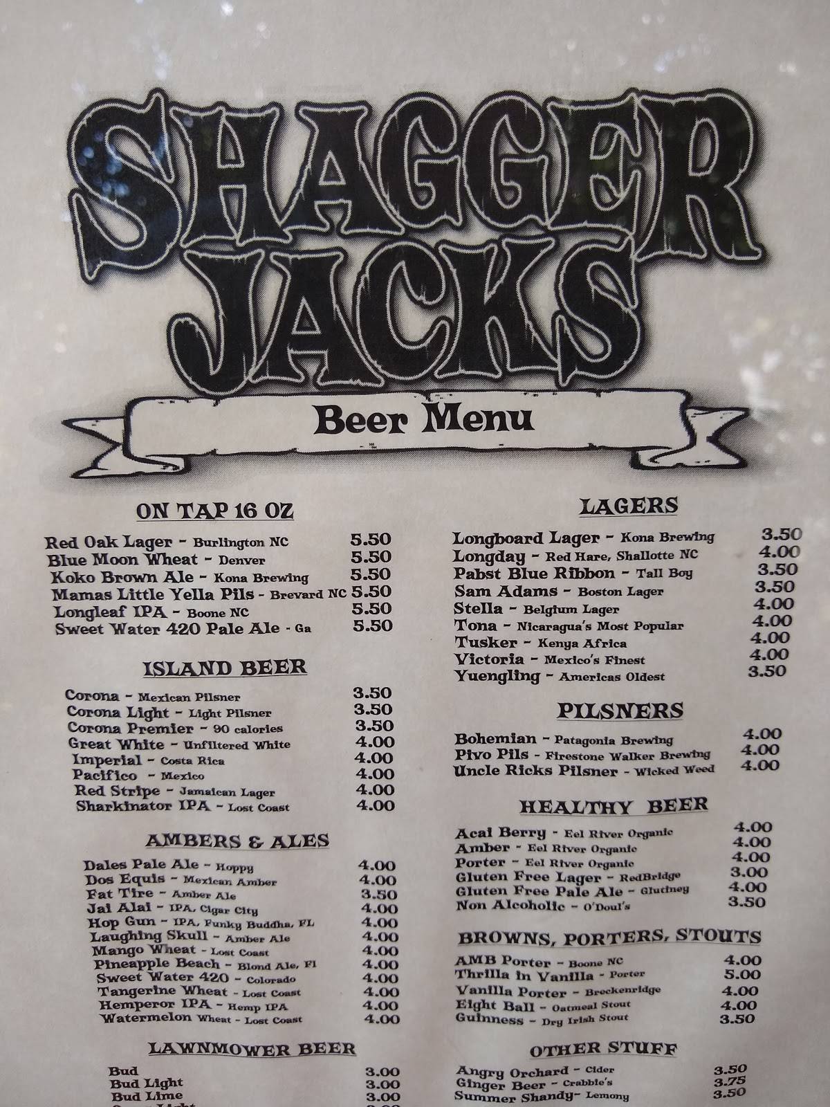 Menu at Shagger Jacks restaurant, Oak Island