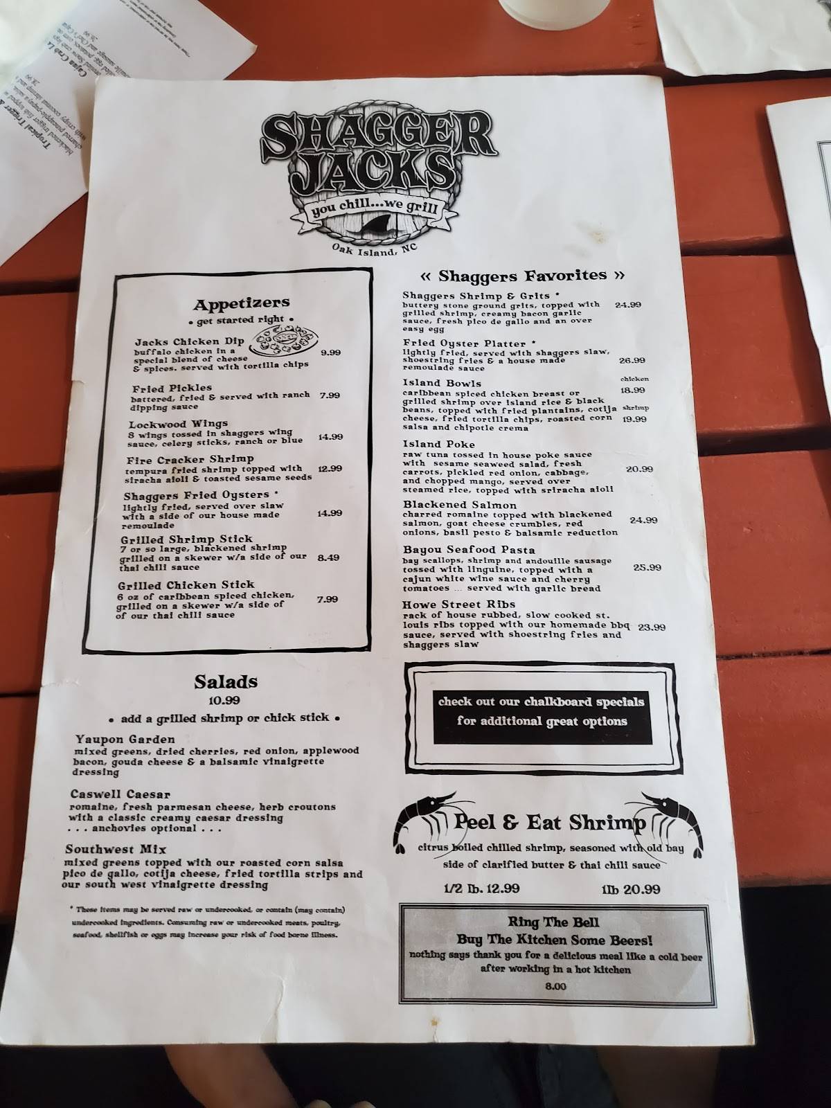 Menu at Shagger Jacks restaurant, Oak Island
