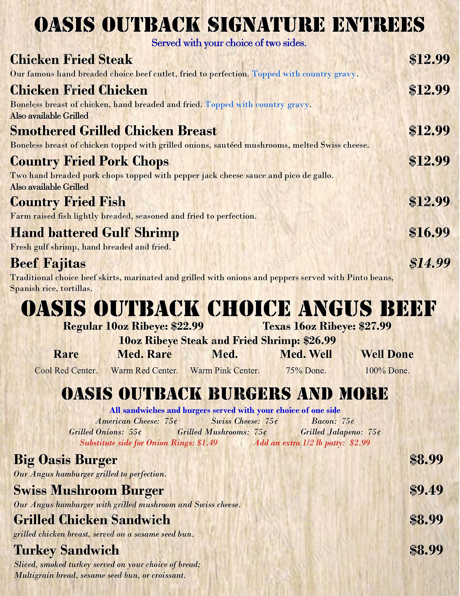 Menu at Oasis Outback restaurant, Uvalde