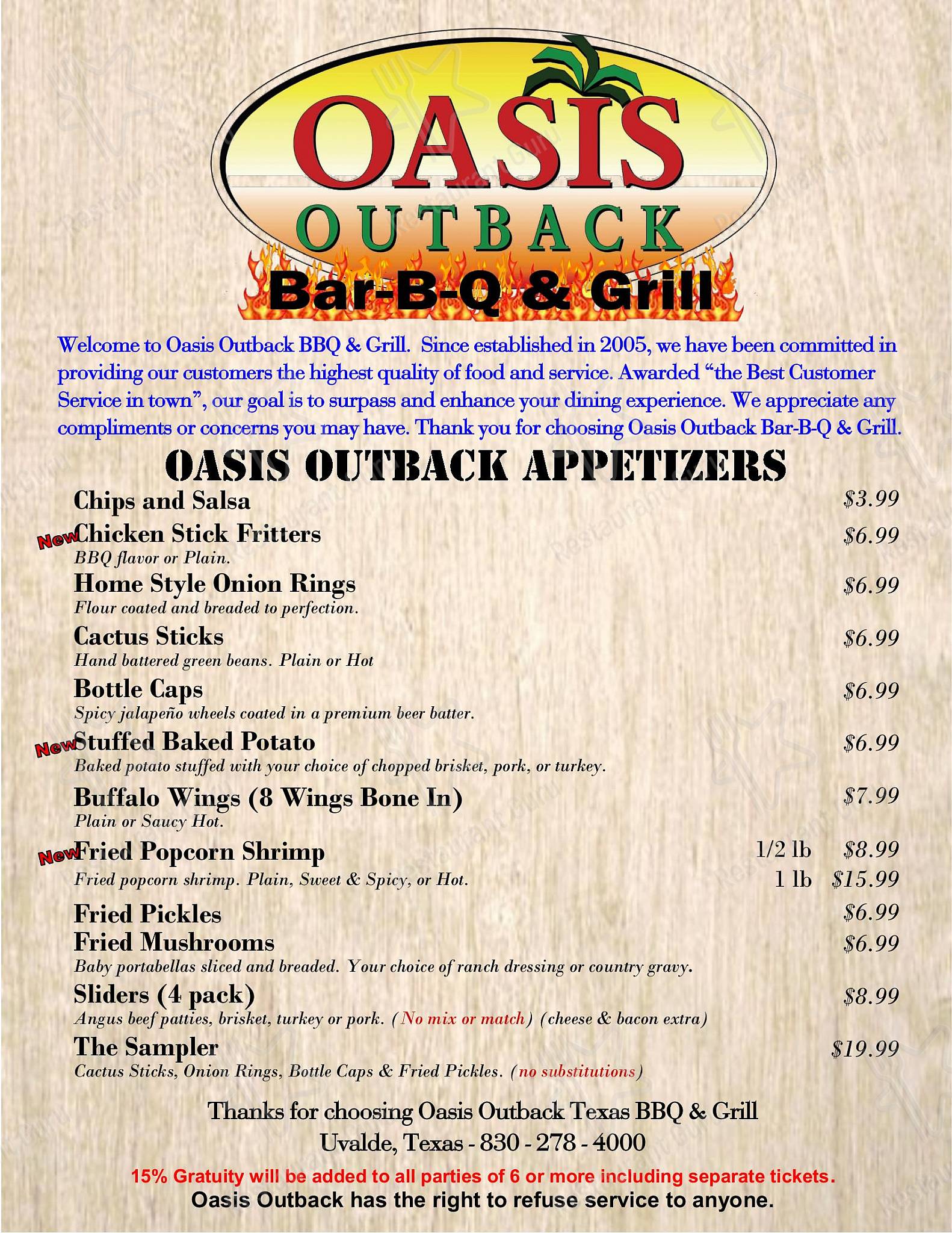 Menu at Oasis Outback restaurant, Uvalde