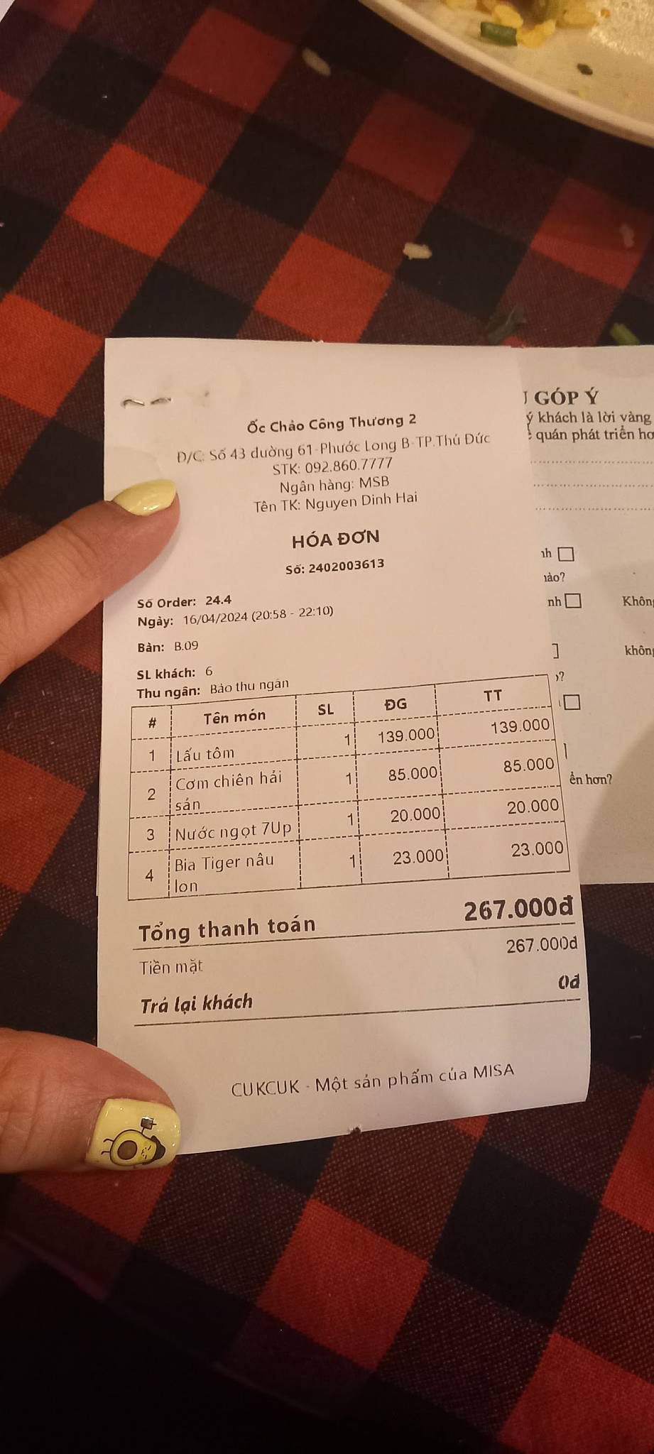 Menu at Ốc Chảo Công Thương restaurant, Ho Chi Minh City