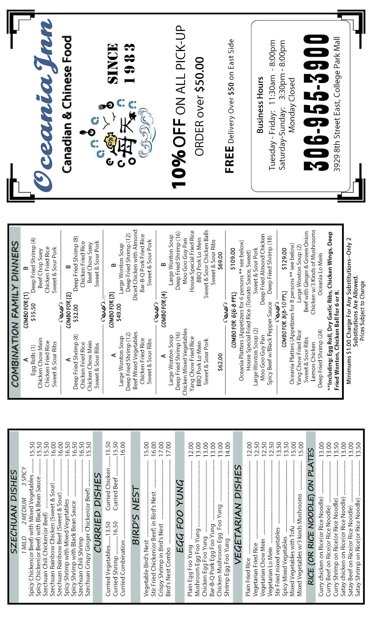 Menu at Oceania Inn Chinese Restaurant, Saskatoon