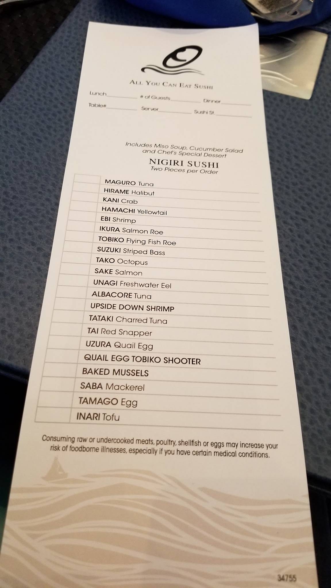 Menu at Oceano restaurant, Reno
