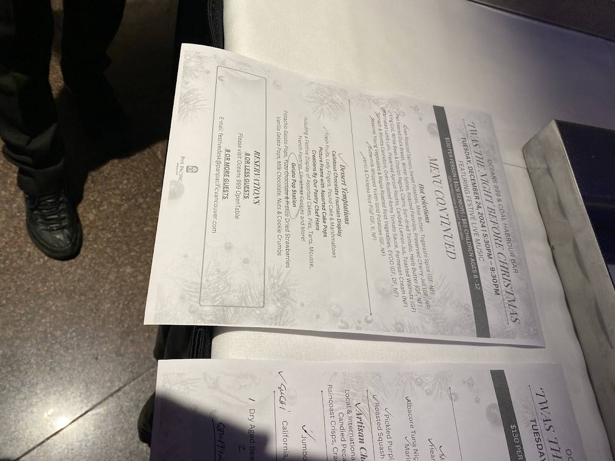 Menu at Oceans 999 restaurant, Vancouver, 999 Canada Pl #300