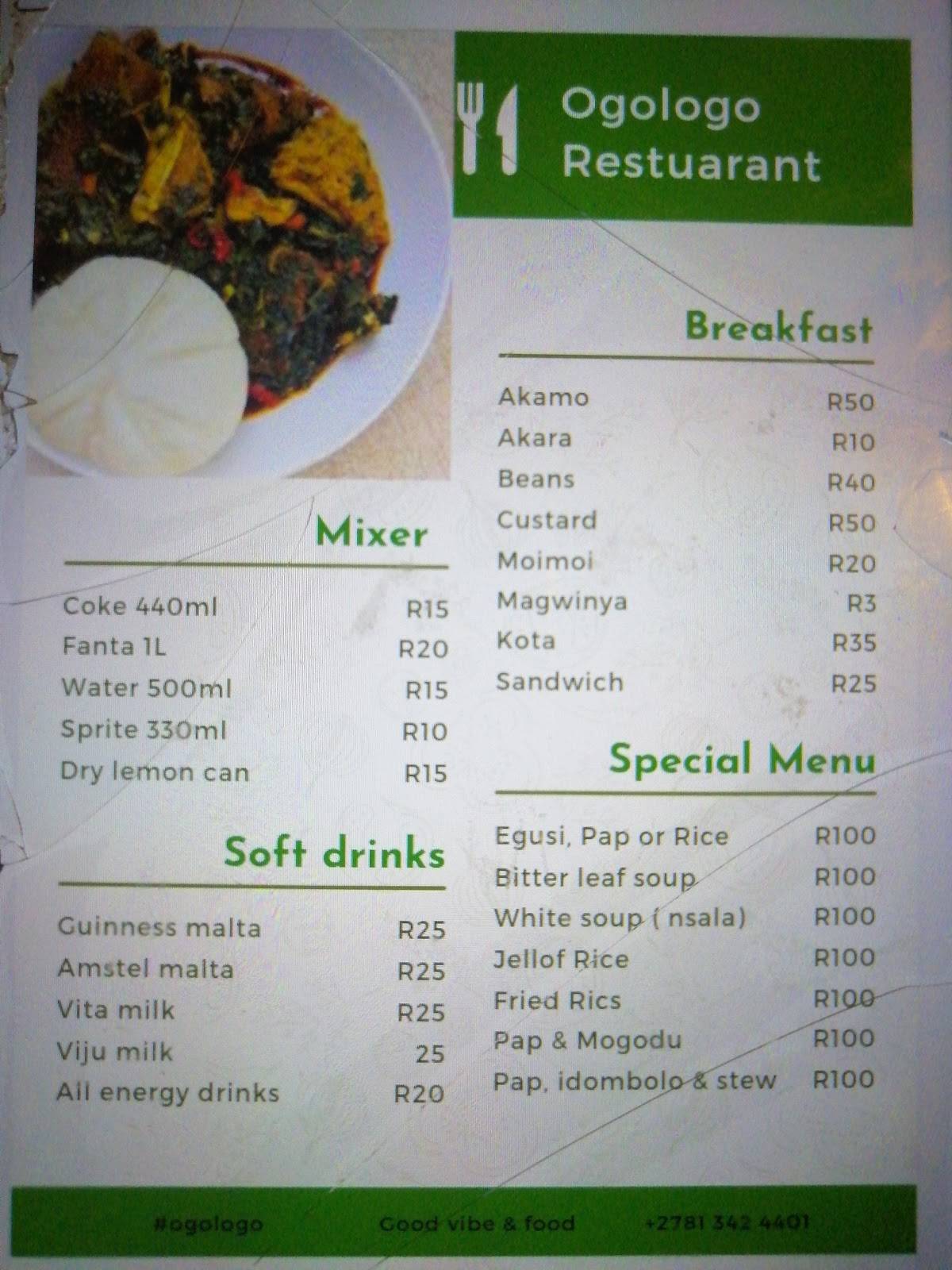 Menu at Ogologo Restaurant, Midrand