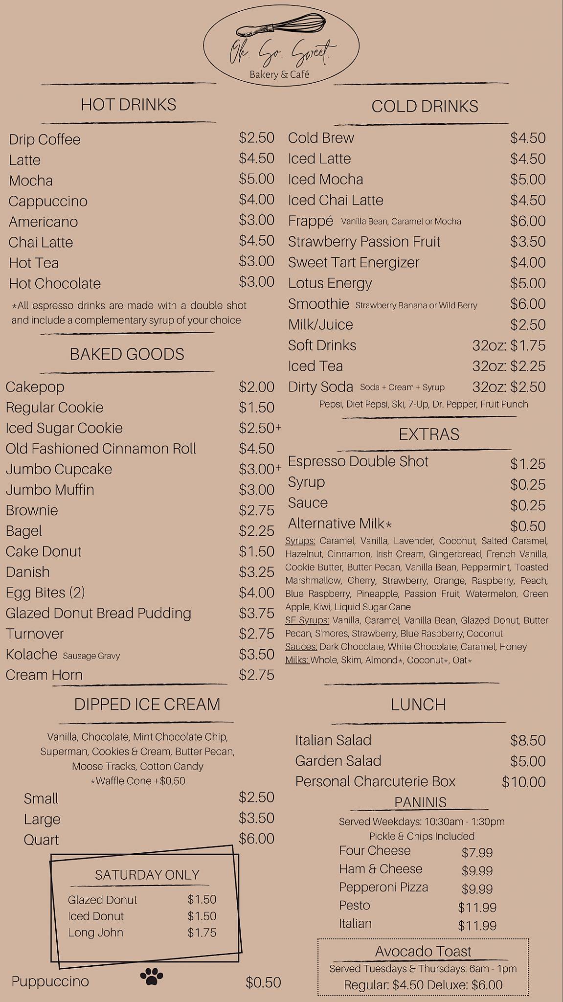 Menu at Oh. So. Sweet. Bakery & Café, Carlyle