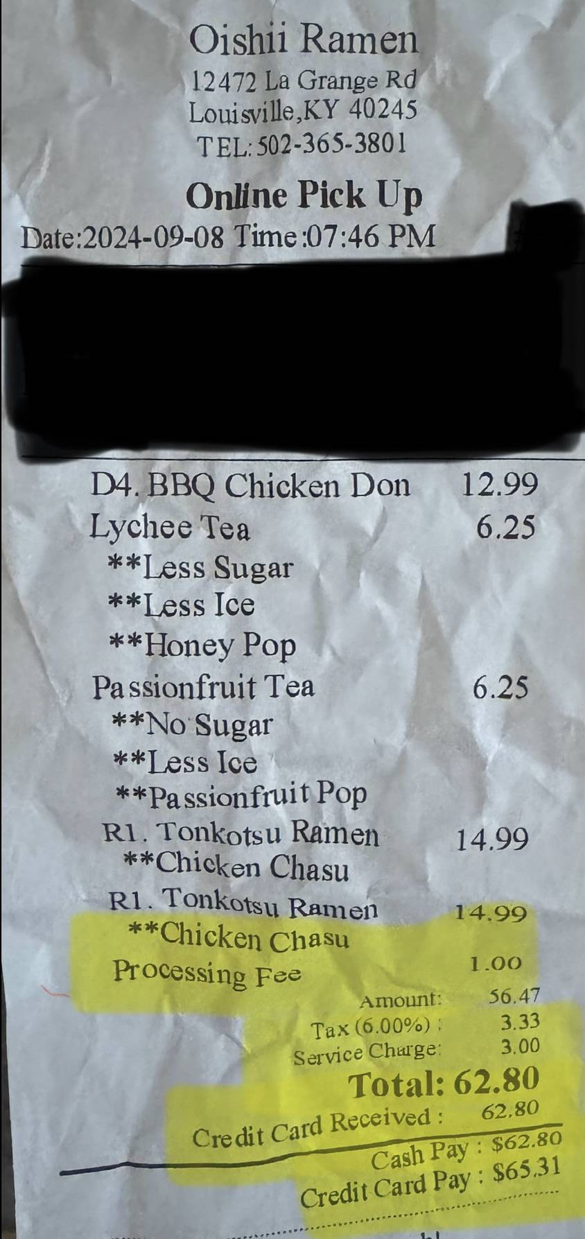 Menu at Oishii Ramen restaurant, Louisville
