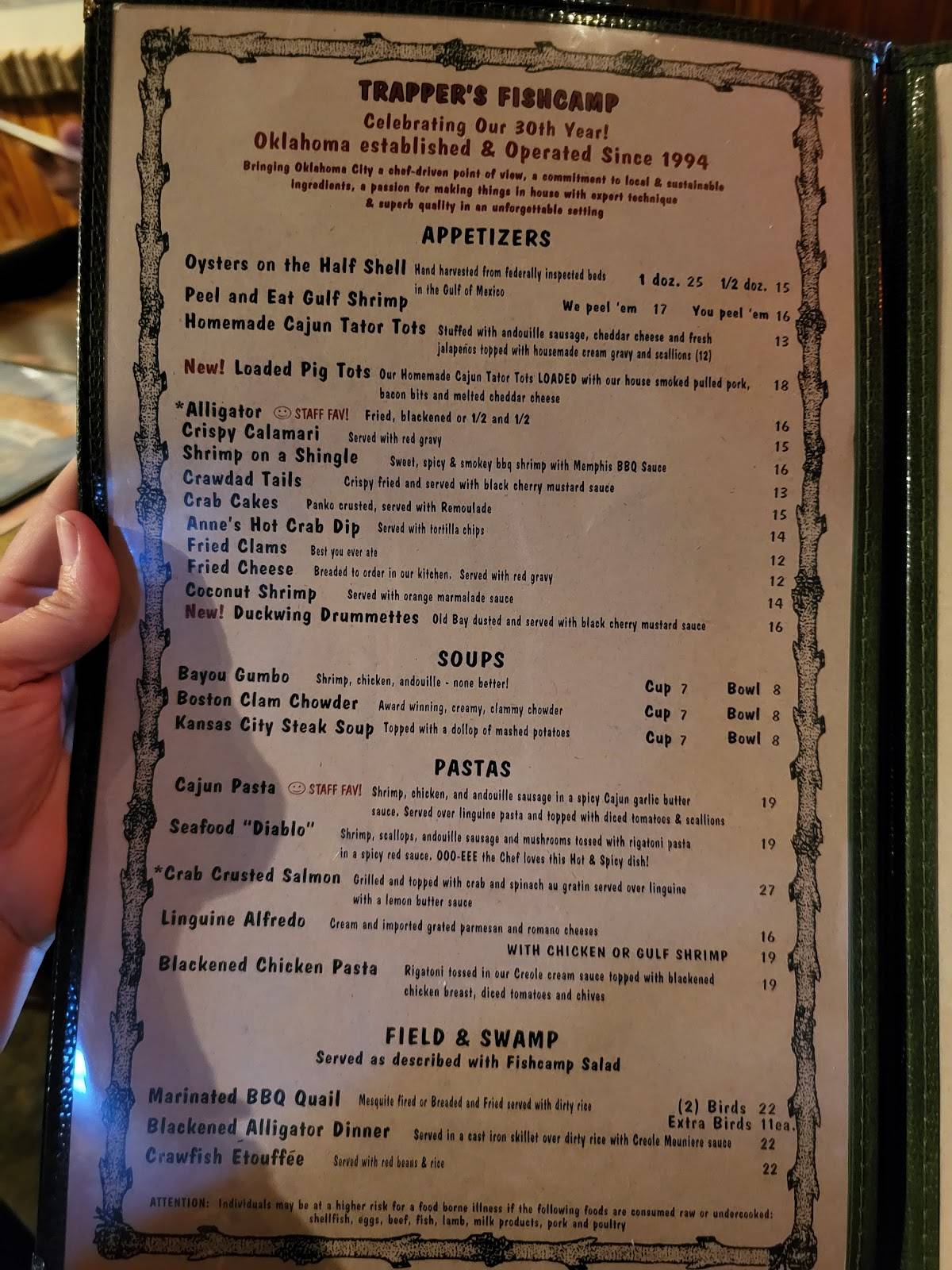 Menu at Trapper's Fishcamp & Grill restaurant, Oklahoma City