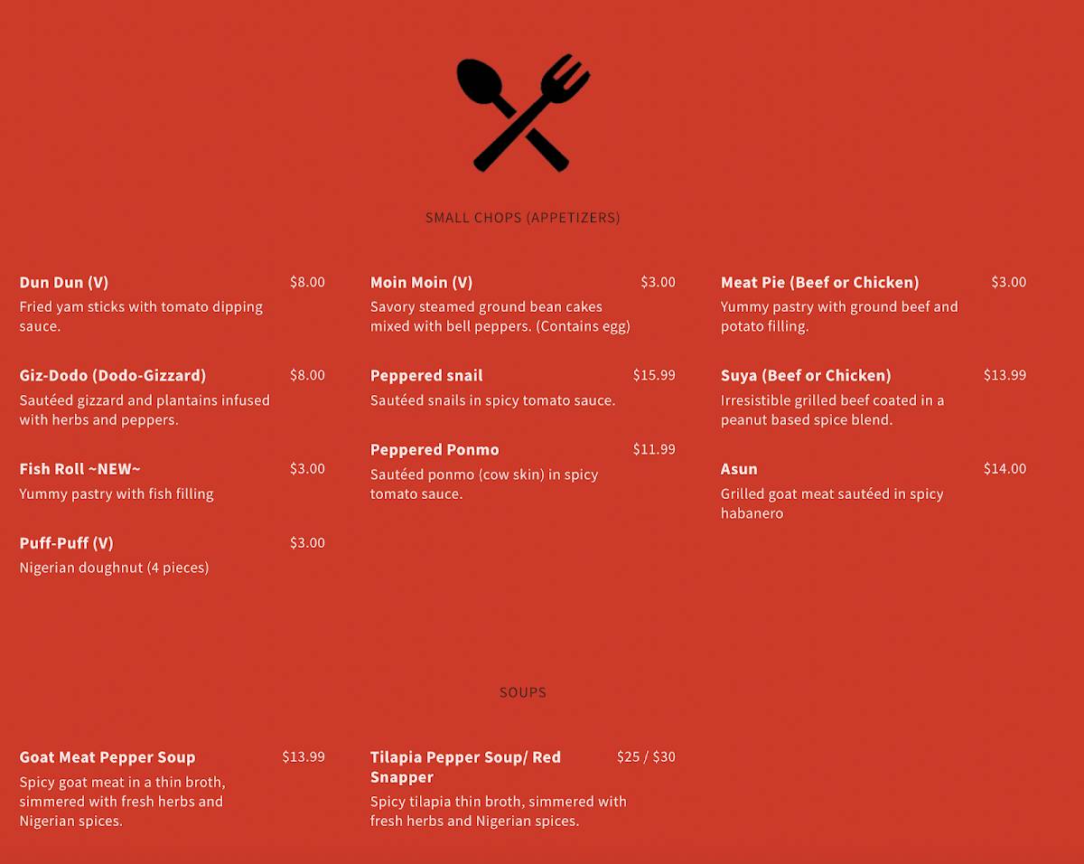 Menu at Olaide’s Kitchen restaurant, Sayreville