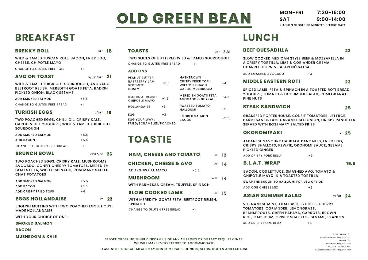 Menu at Old Green Bean restaurant, Bendigo