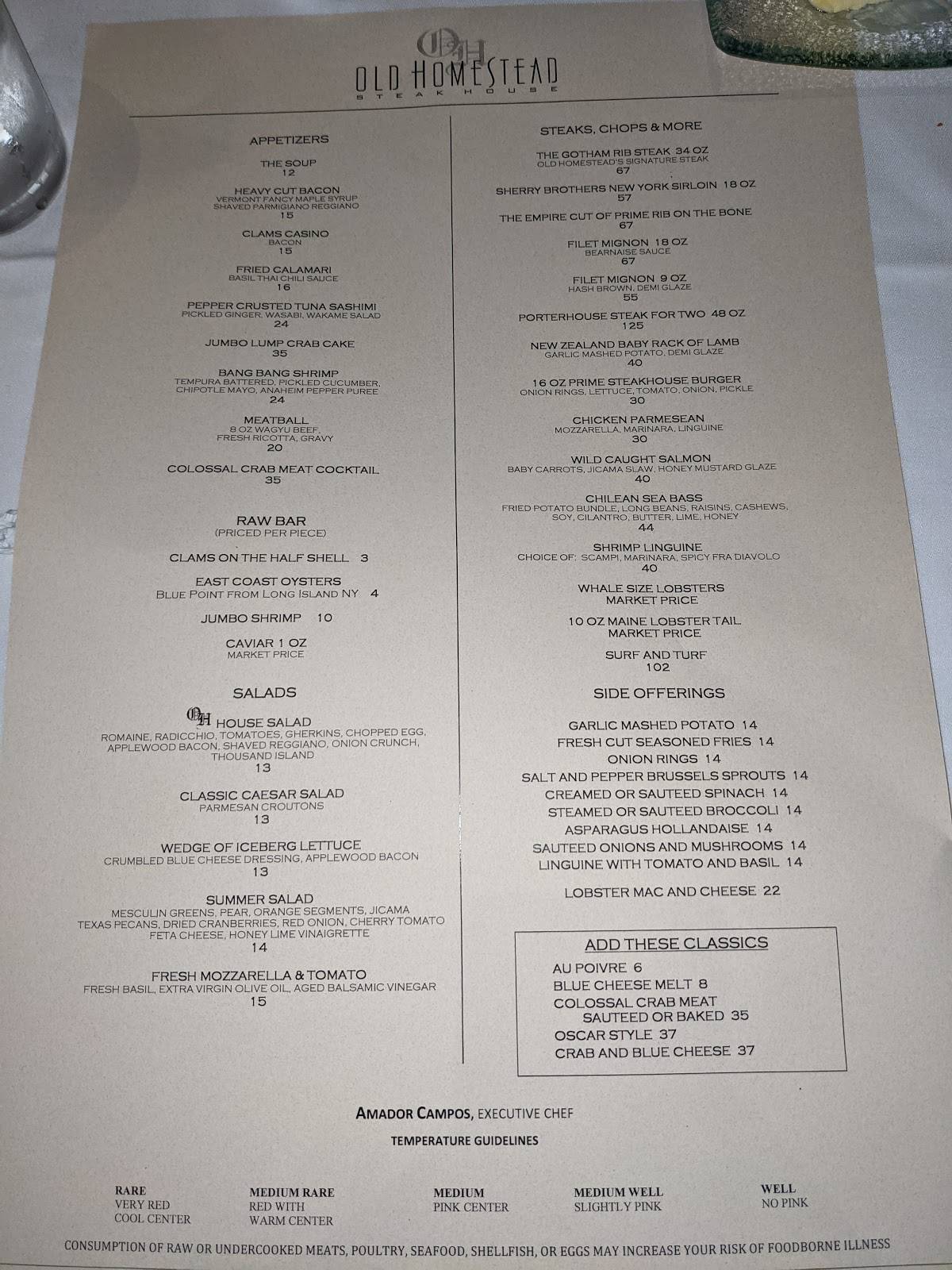 Menu at Old Homestead Steak House pub & bar, Atlantic City