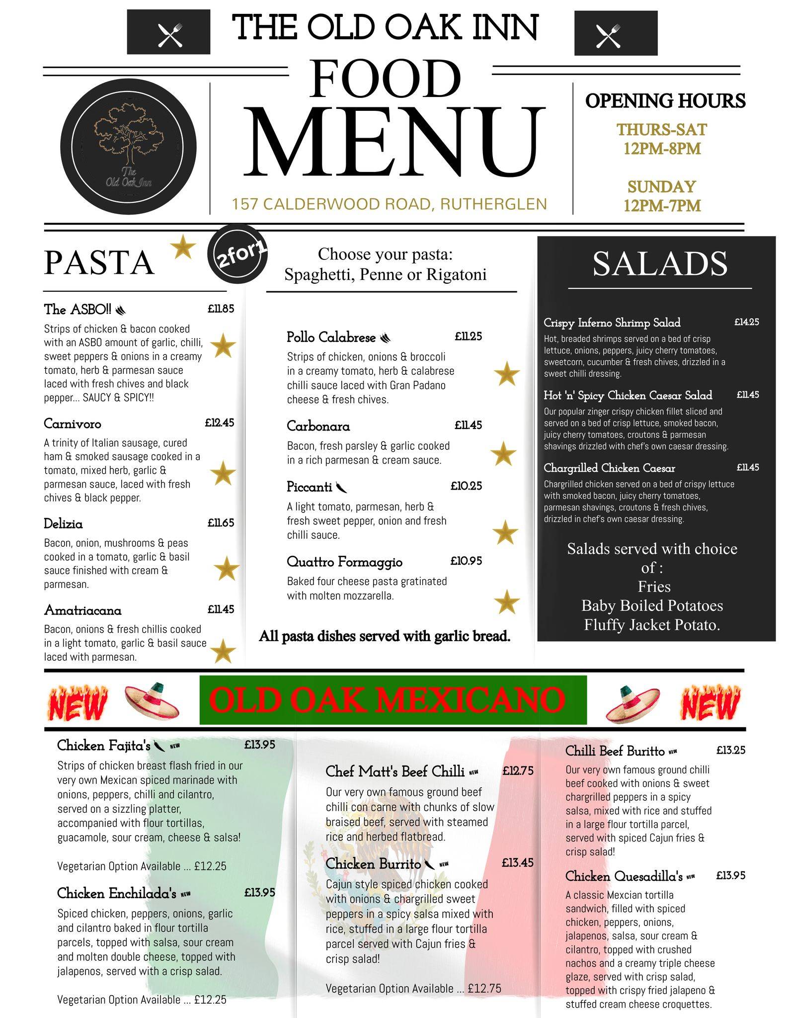 Menu at Old Oak Inn pub & bar, Glasgow