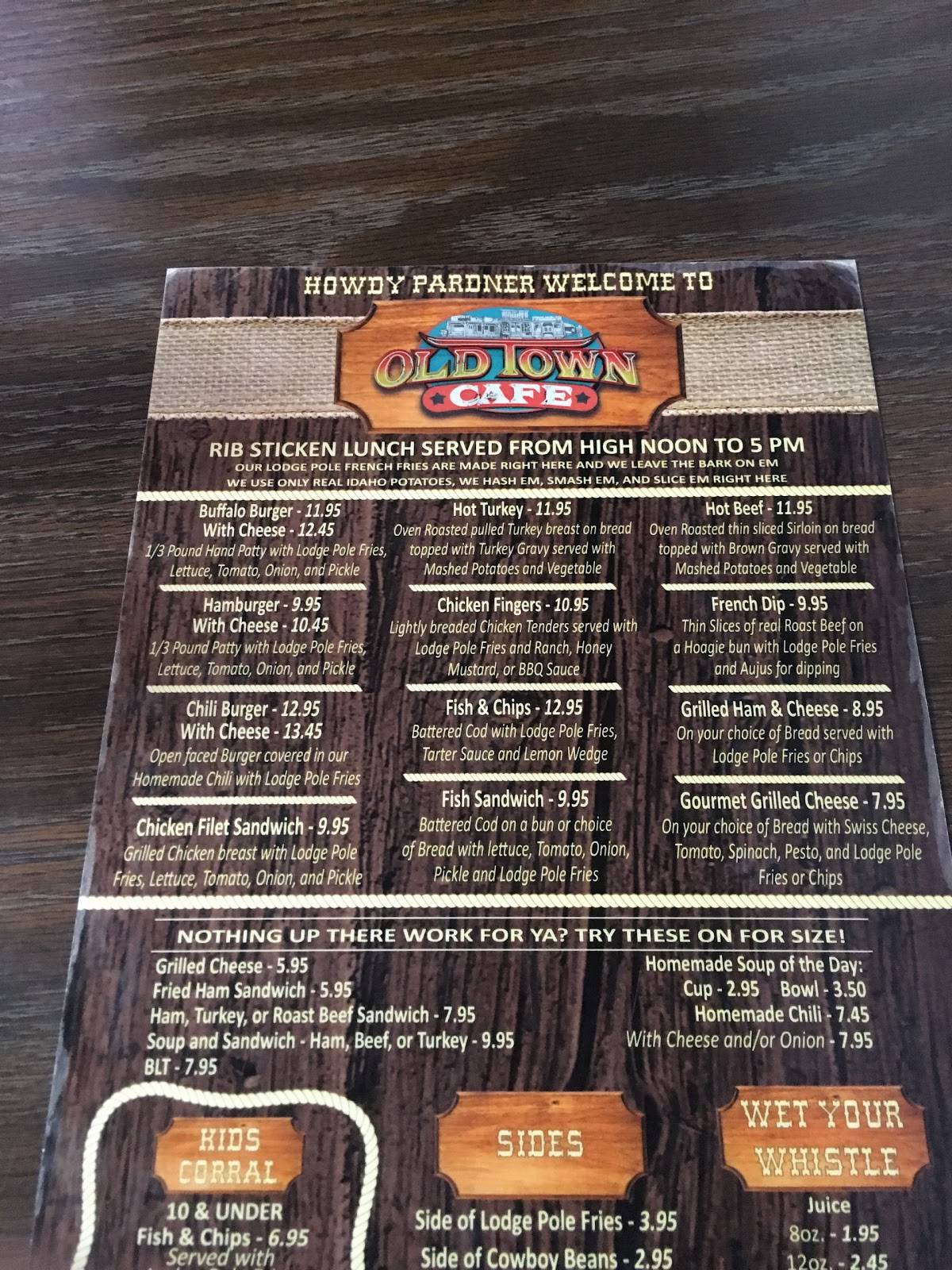 Menu at Old Town Cafe, West Yellowstone