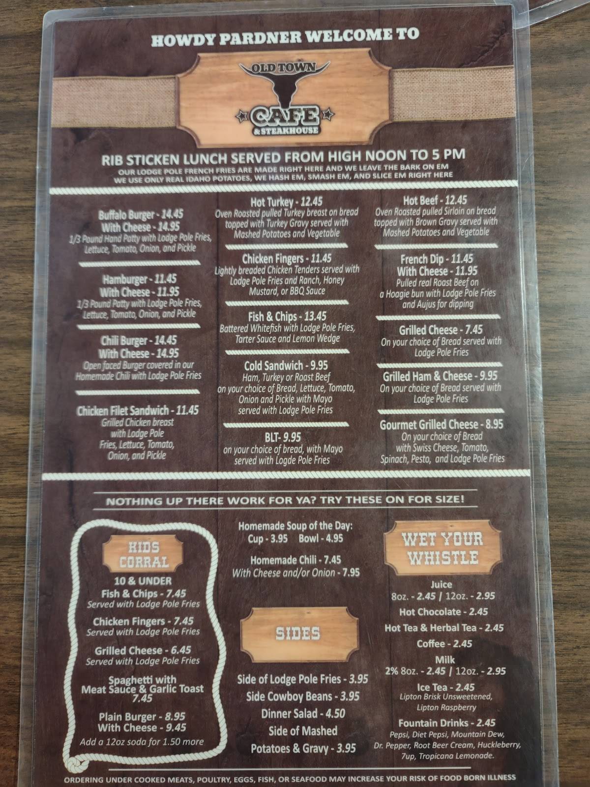 Menu at Old Town Cafe, West Yellowstone