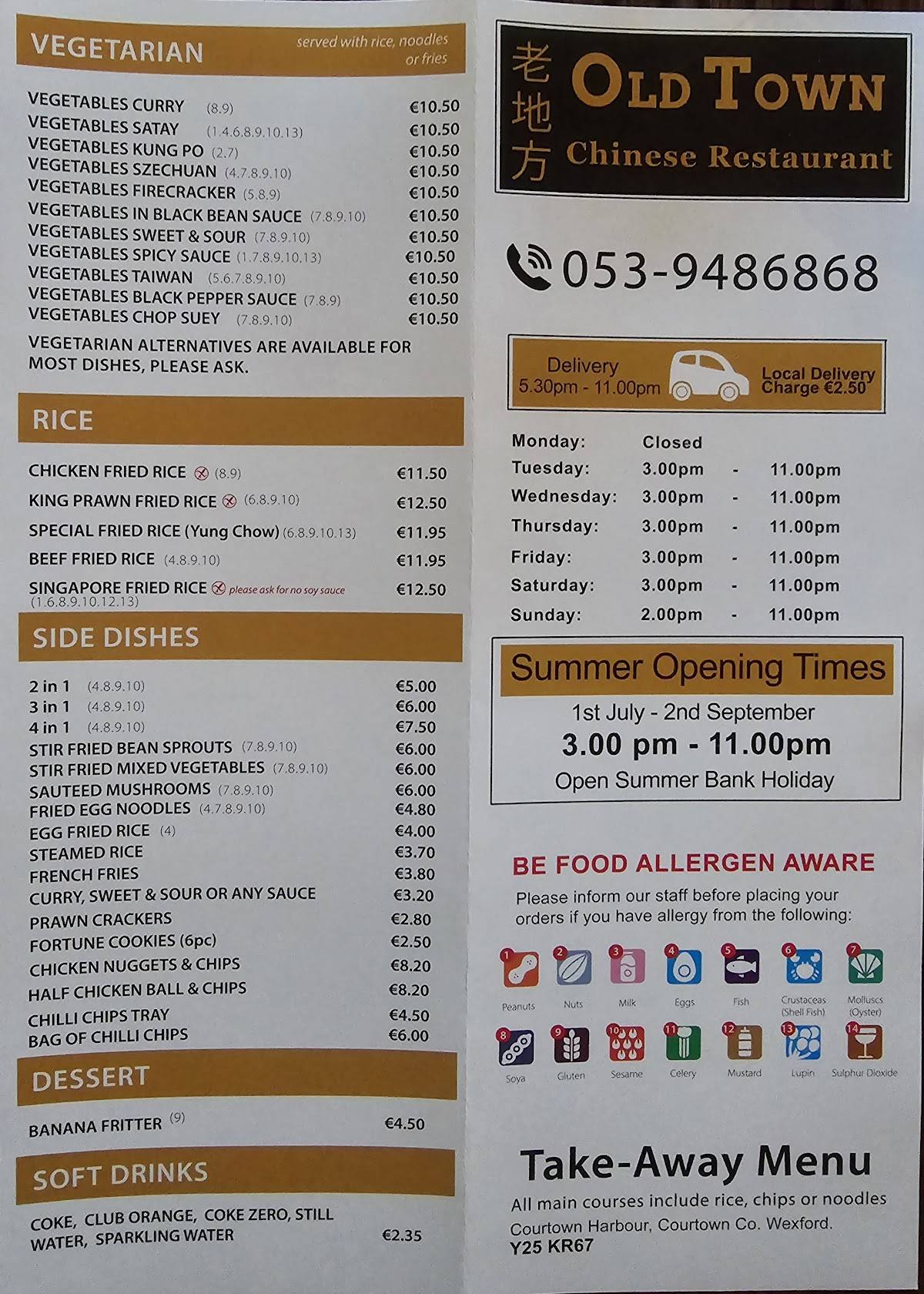 Menu at Old Town Chinese Restaurant, Courtown