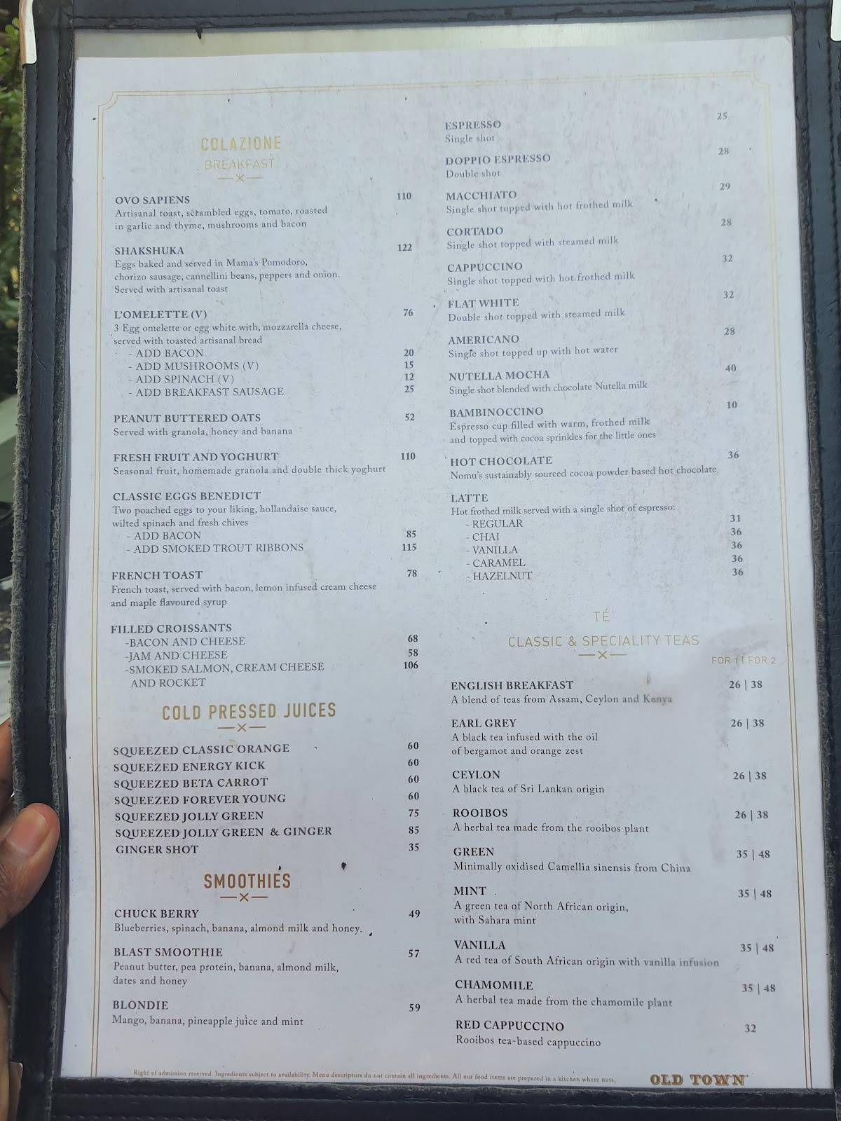 Menu at Old Town Italy Melrose Arch restaurant, Johannesburg