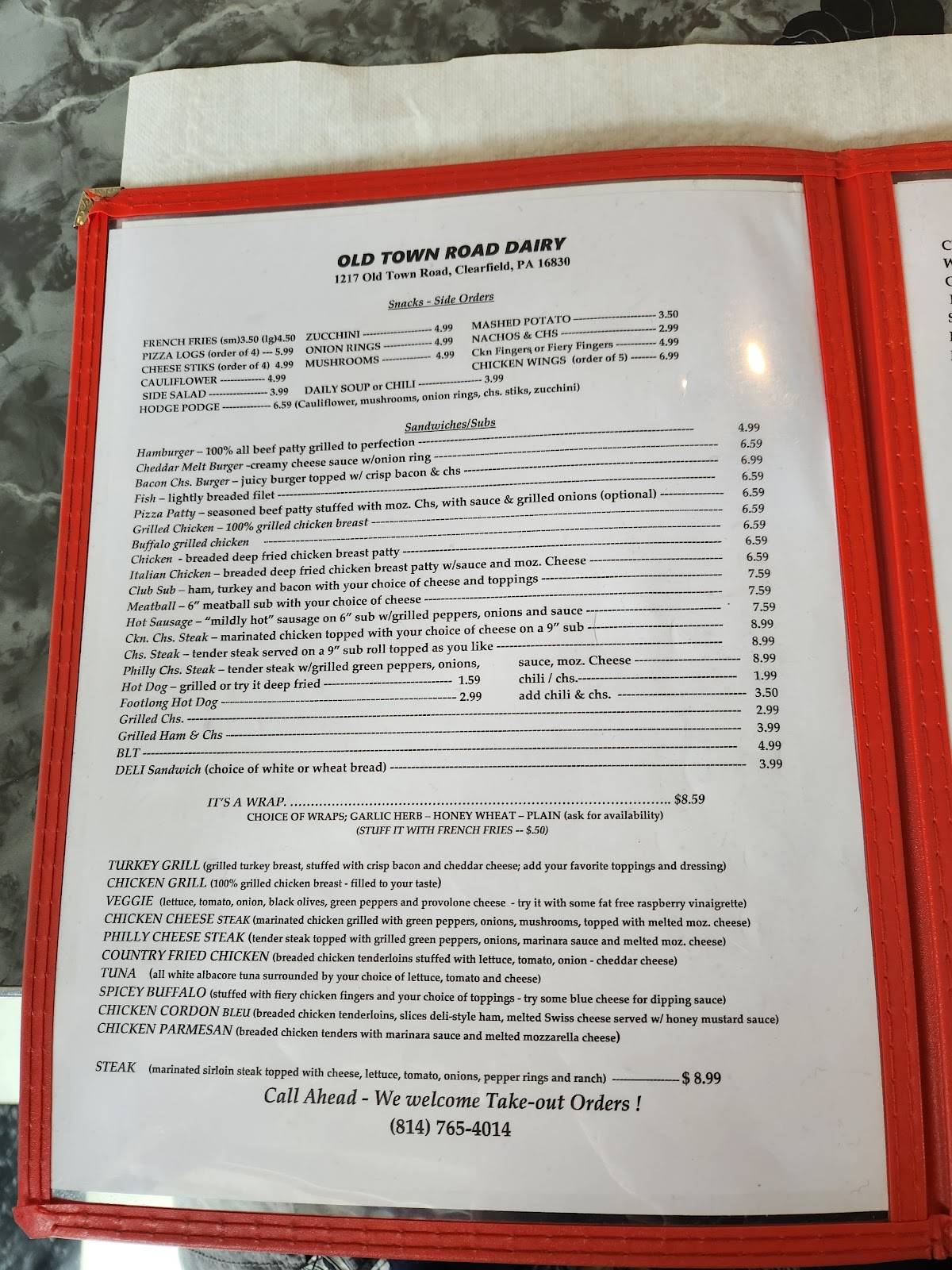 Menu at Old Town Road Dairy restaurant, Clearfield, S 2nd St