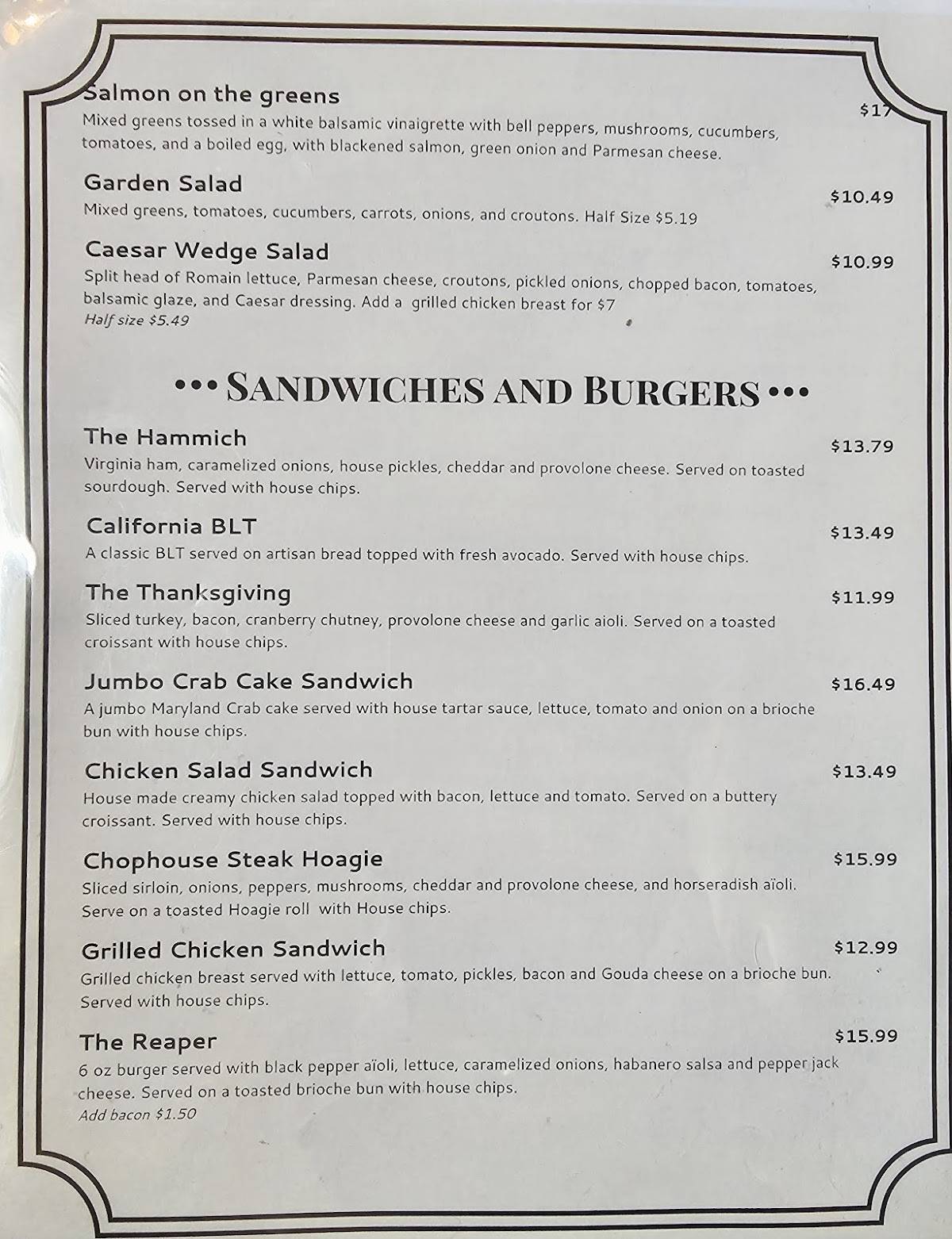 Menu at Old Virginia Chophouse restaurant, Tazewell