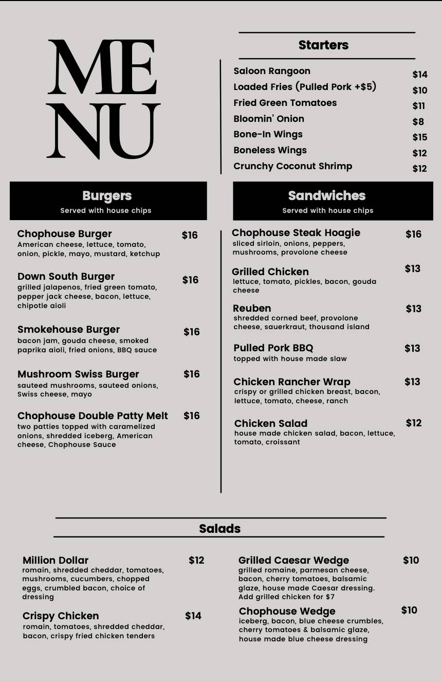 Menu at Old Virginia Chophouse restaurant, Tazewell
