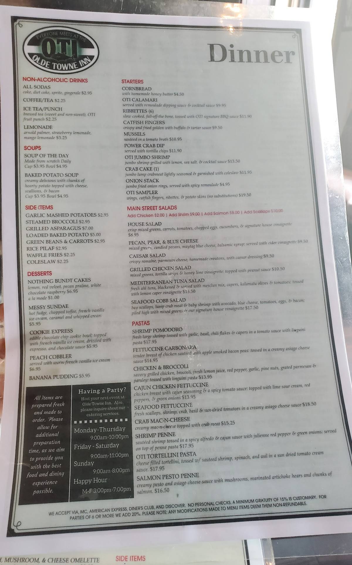 Menu at Olde Towne Inn restaurant, Upper Marlboro