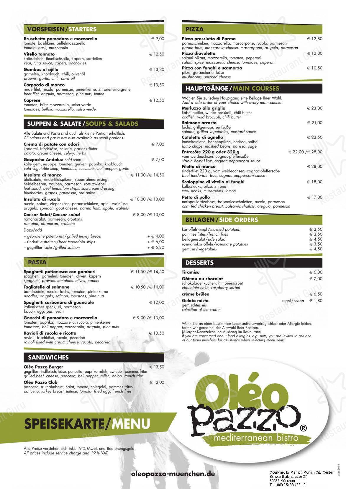 Menu at Oléo Pazzo Restaurant/Bar, Munich, Schwanthalerstraße 37