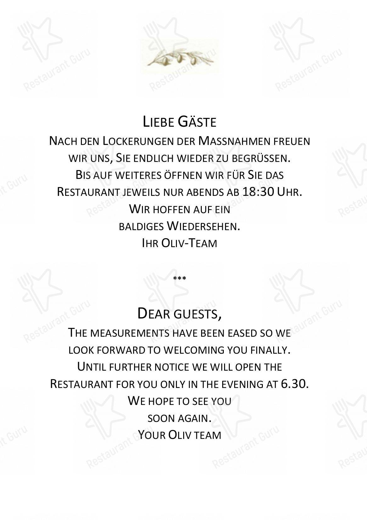 Speisekarte von Oliv, Basel