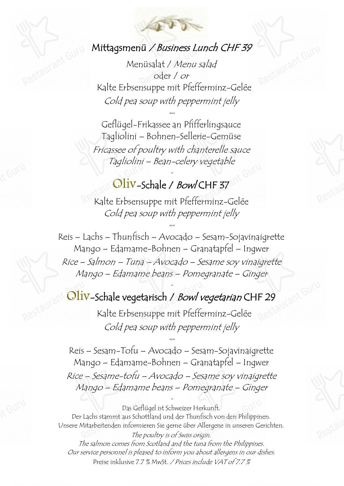 Speisekarte von Oliv, Basel