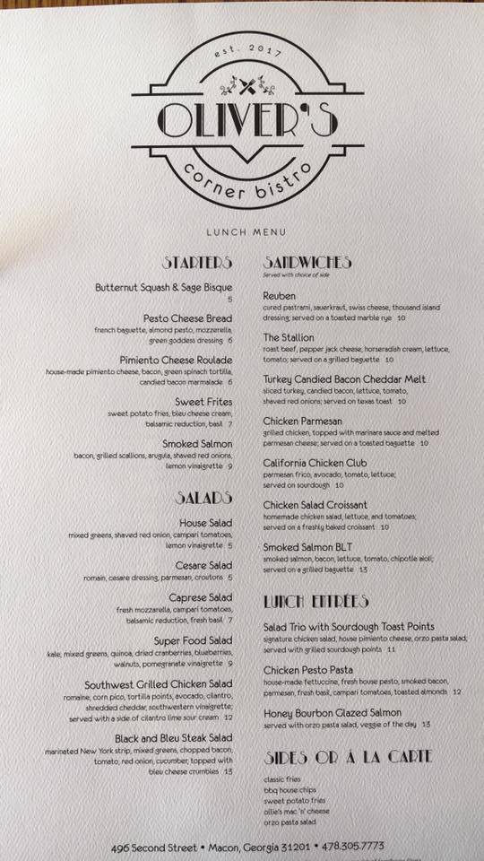 Menu at Oliver's Corner Bistro restaurant, Macon