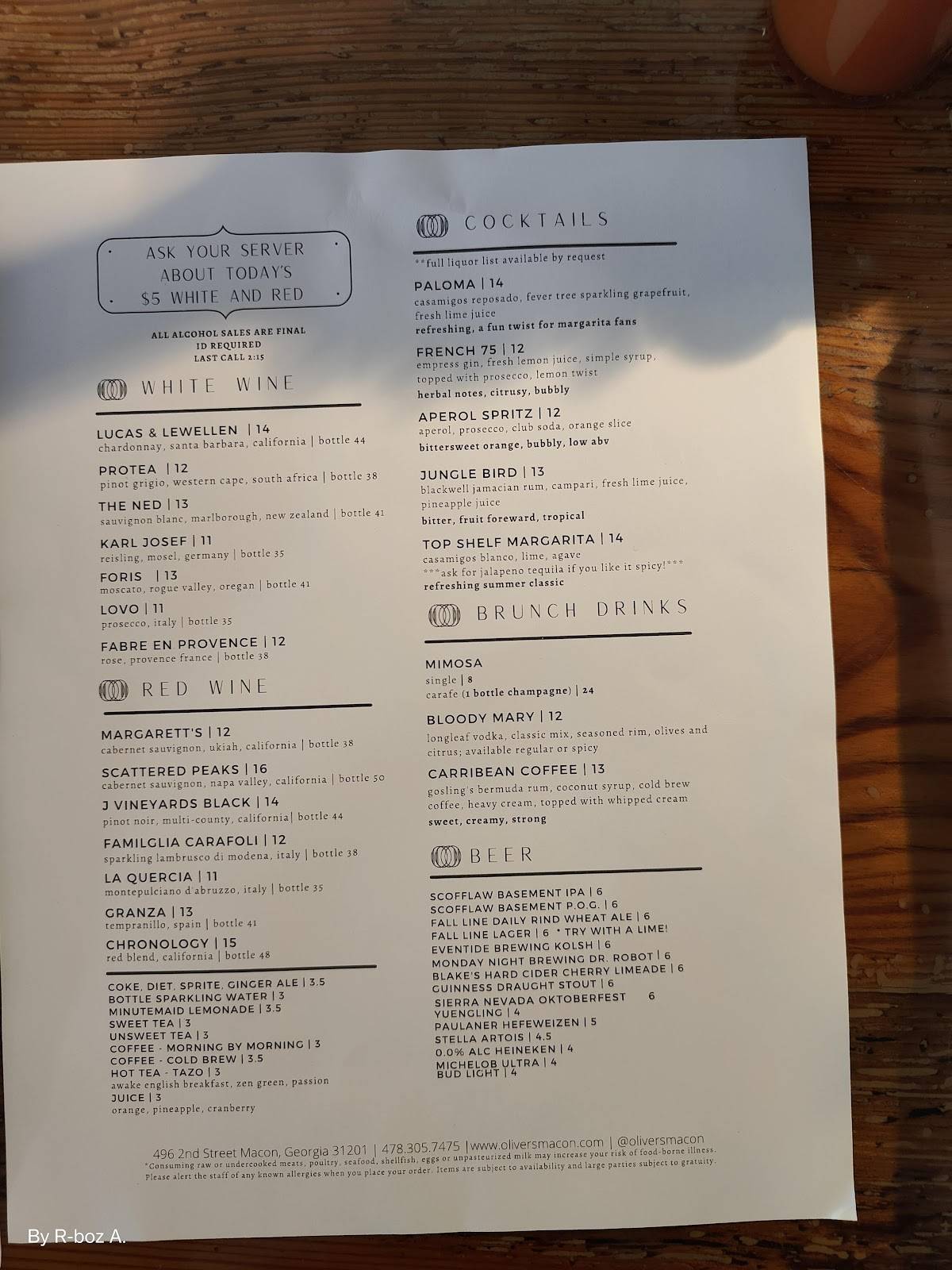 Menu at Oliver's Corner Bistro restaurant, Macon